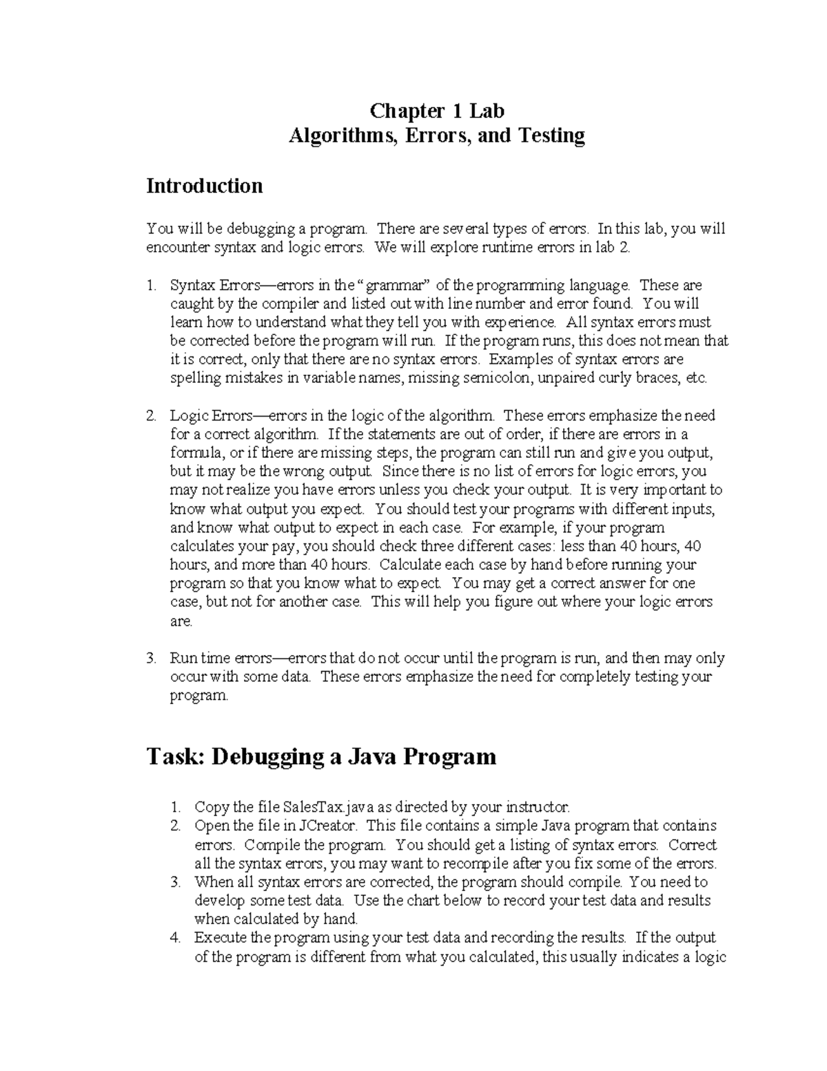 CS101 Lab 1: Debugging Java Programs - Errors & Testing Techniques ...
