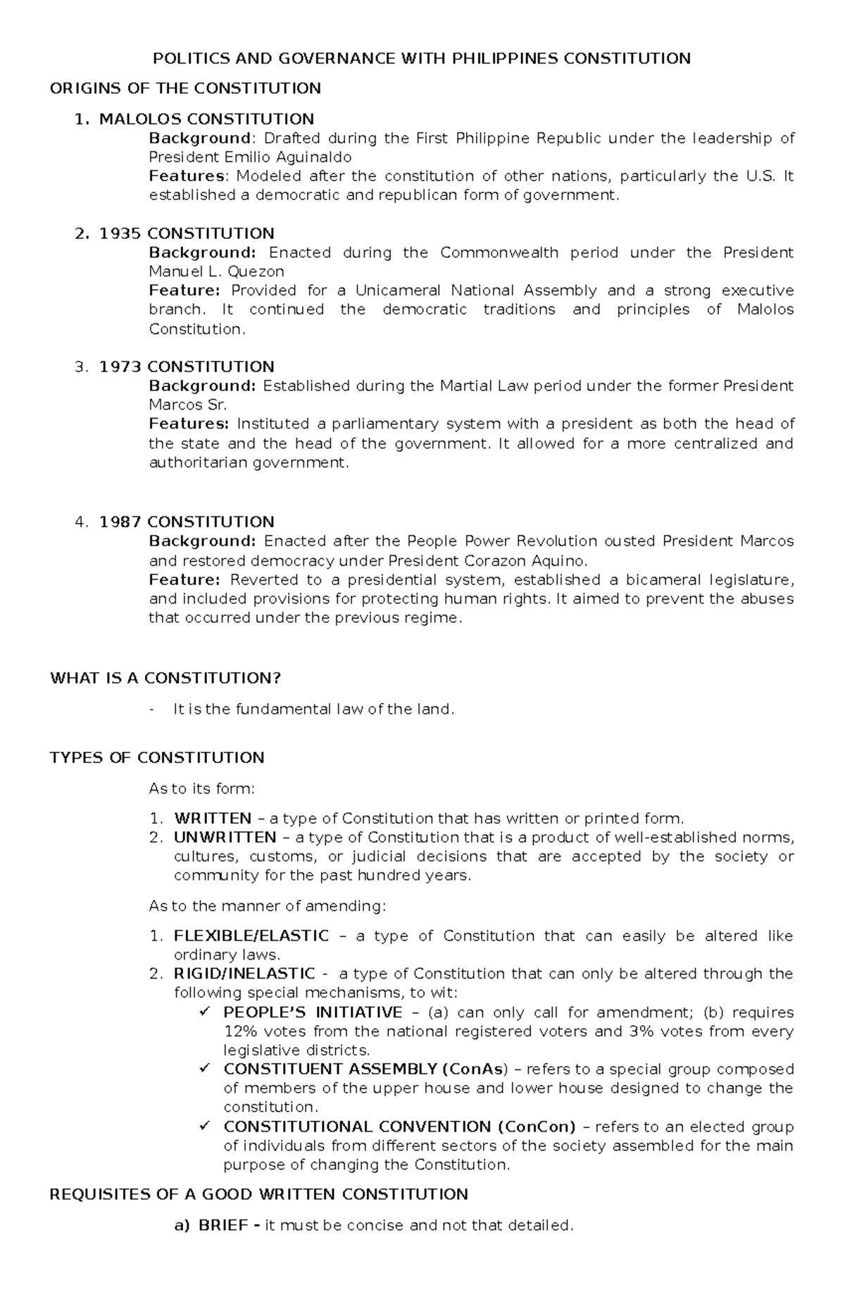 POLGOV 101: Overview of Philippine Constitution and Governance - Studocu