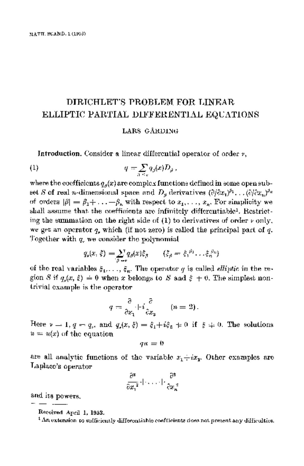 MATH. SCAND. 1: Weak Solutions for Linear Elliptic PDEs by Lars Gårding ...