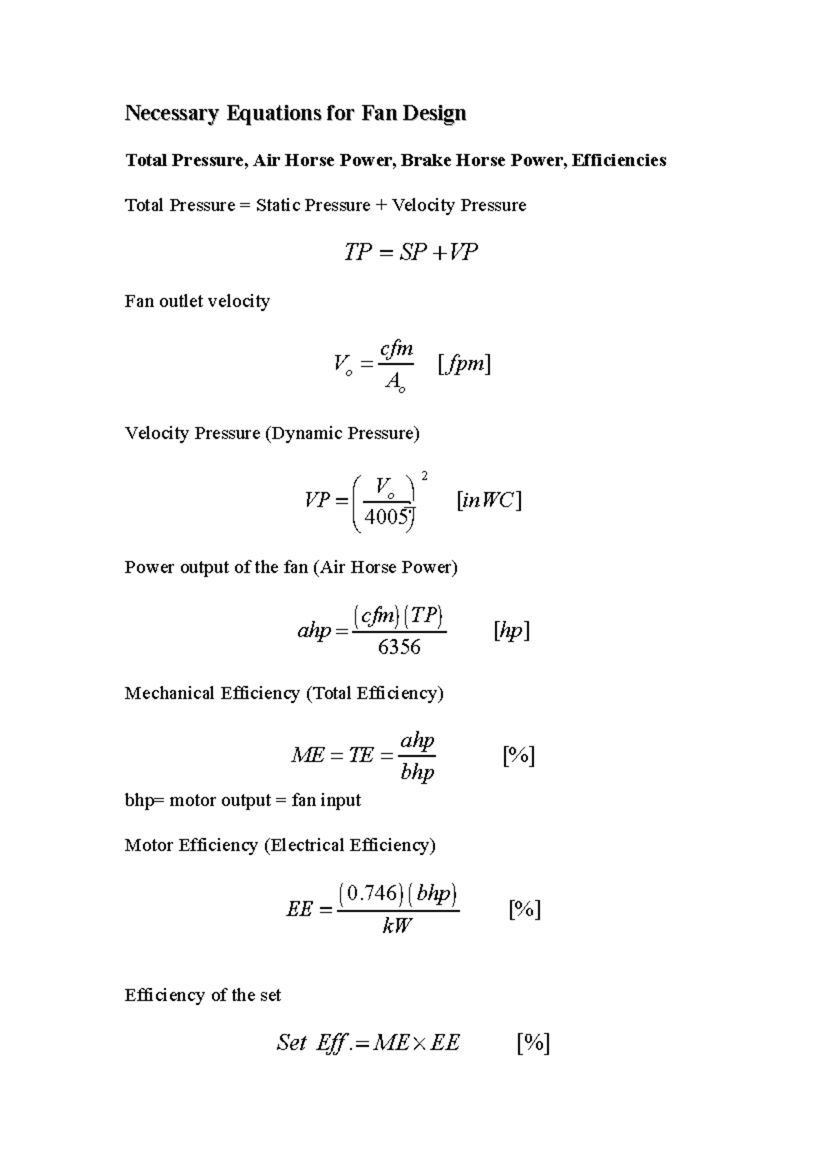 Axial Flow Fan Design Equations: Total Pressure, Efficiencies ...