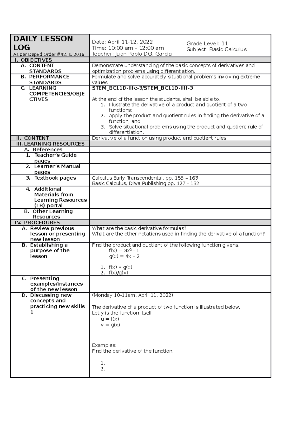 DLP Week 4 Day 1 Derivative of the function (Cont - DAILY LESSON LOG As ...