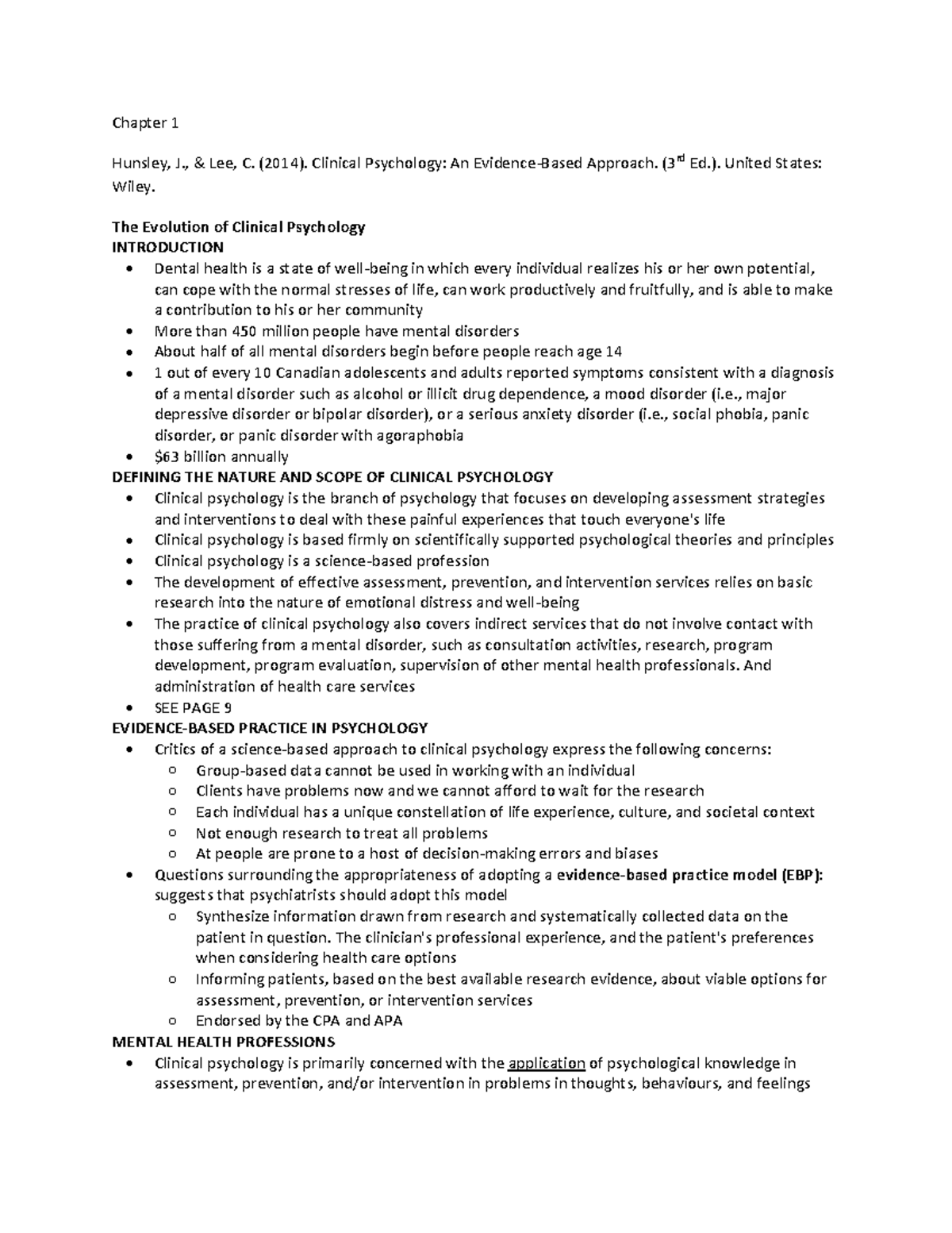 Clinical Psychology - Lecture notes - Chapter 1 - Chapter 1 Hunsley, J ...