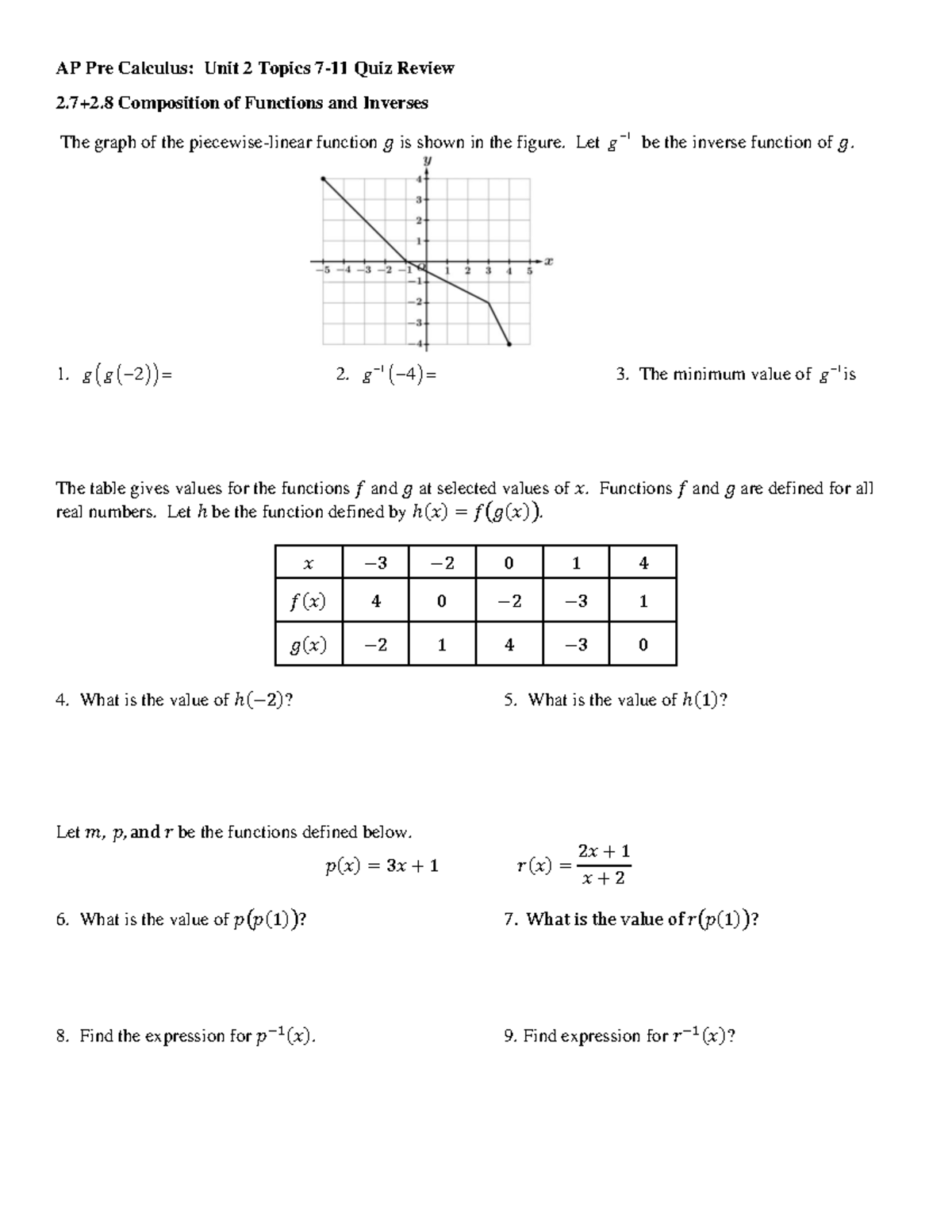 AP Pre Calculus: Quiz Review for Unit 2 Topics 7-11 - Studocu