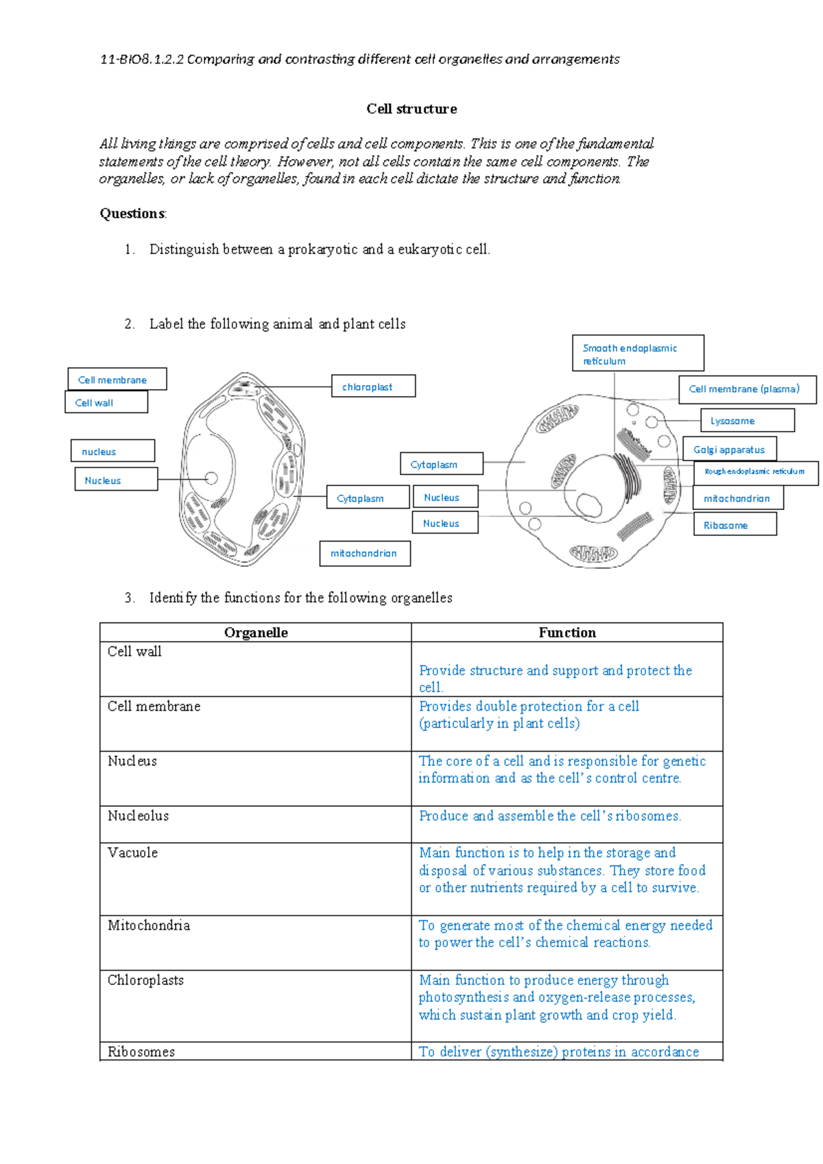11-BIO8.1.2 Cell Organelles Comparison Worksheet - Studocu
