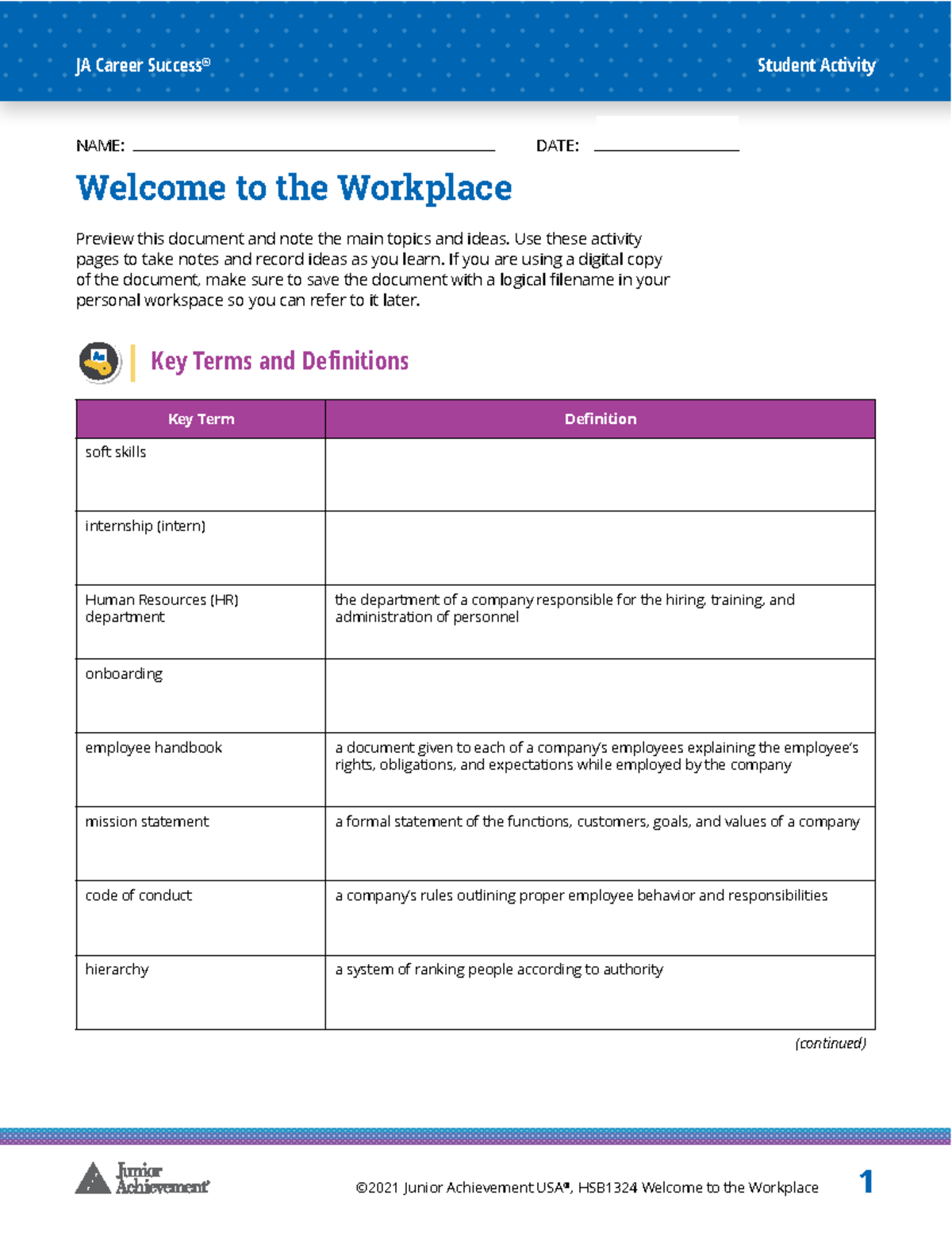 JA HSB1324 Student Activity 1: Welcome to the Workplace Guide - Studocu