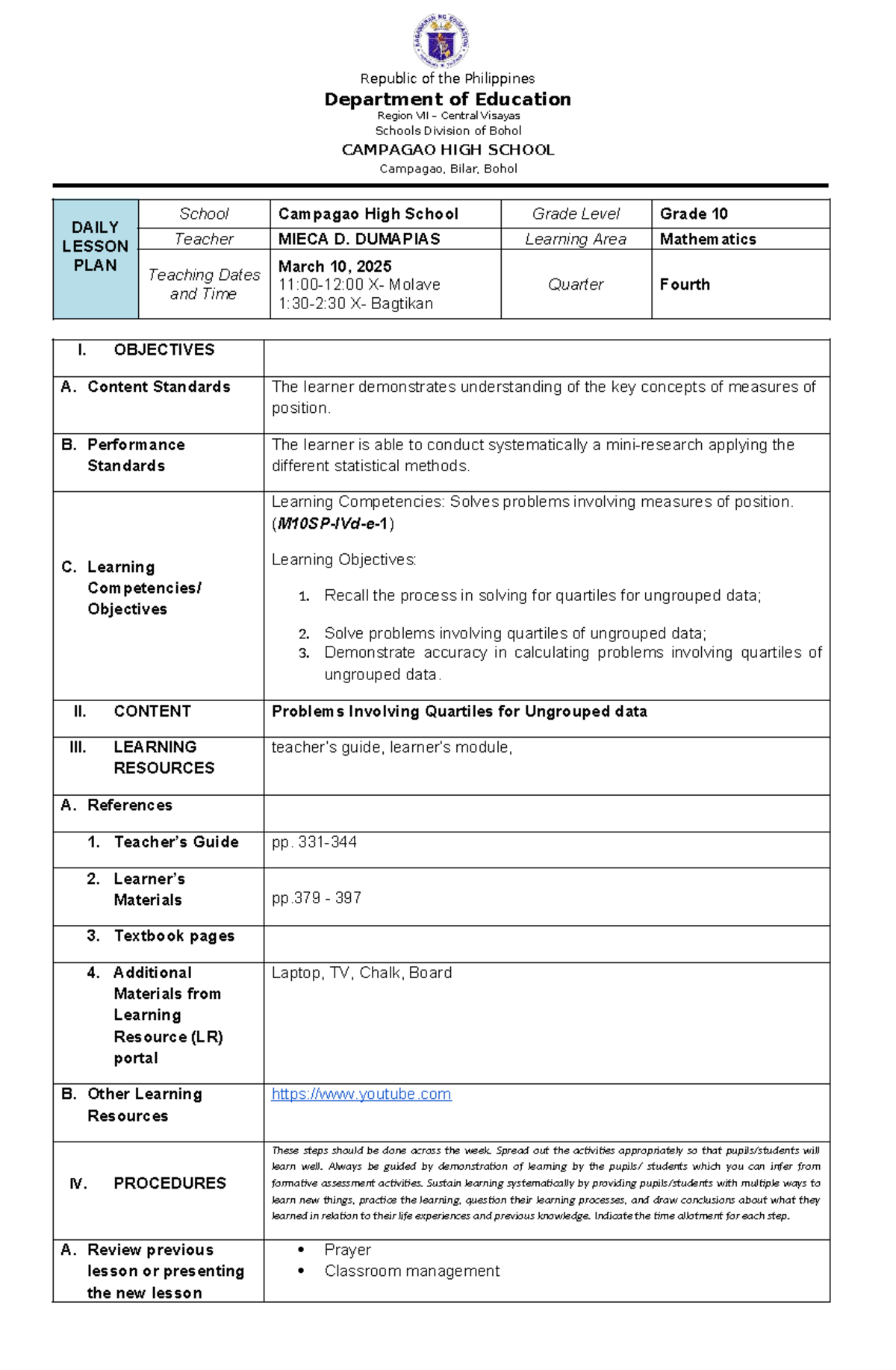 M10-DLP-WK4: Daily Lesson Plan on Quartiles, Deciles, and Percentiles ...