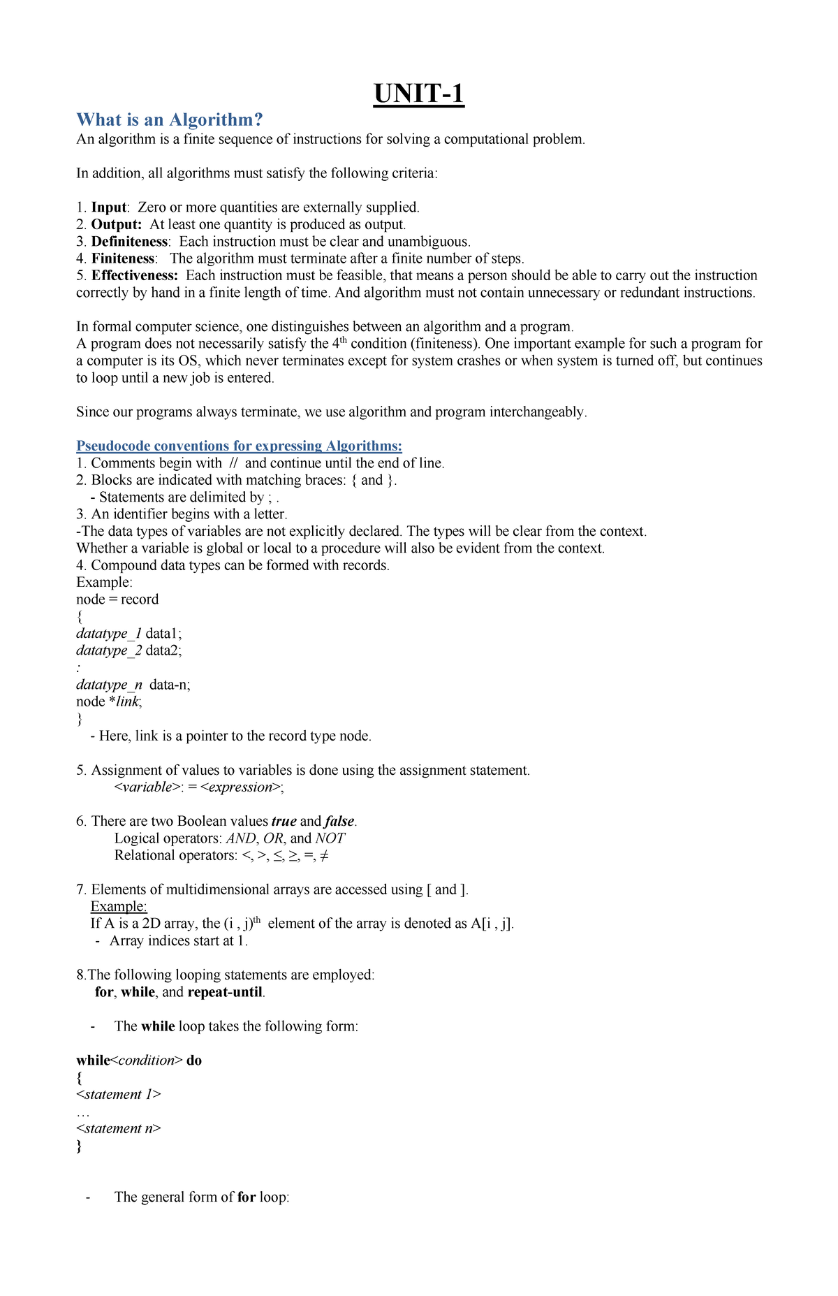 DAA UNIT 1 - Design and analysis of algorithms unit1 - UNIT- What is an Algorithm? An algorithm ...