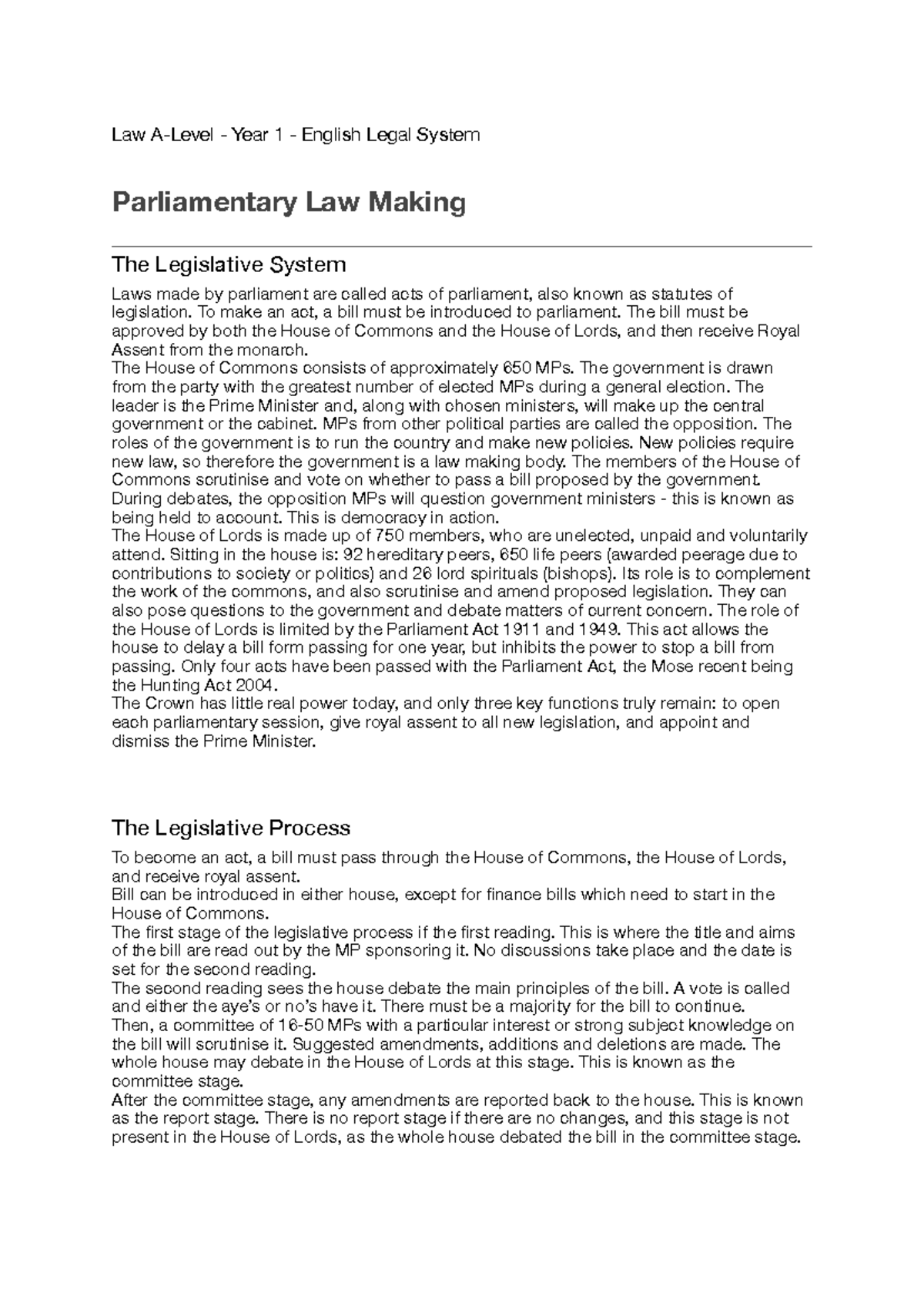 A-Level Law Notes: English Legal System Overview (Year 1) - Studocu