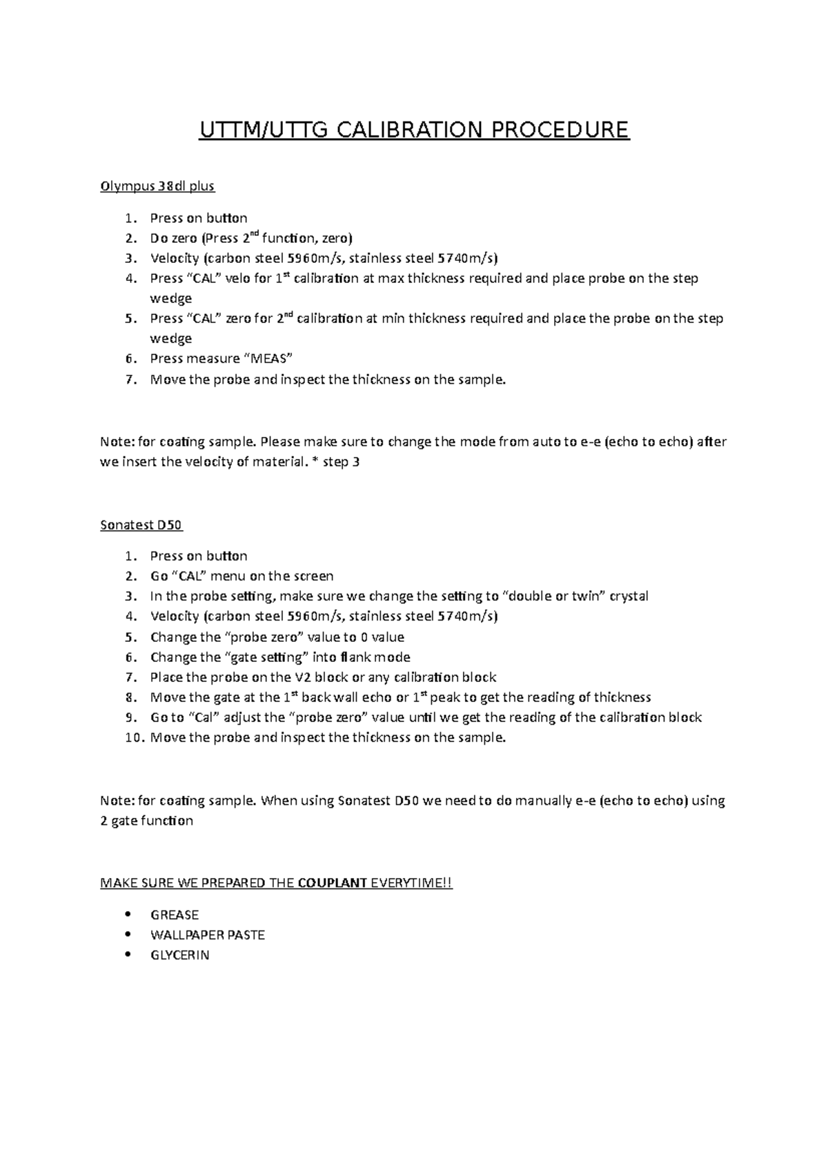 Calibration Procedure for UTTM/UTTG Devices: Olympus & Sonatest - Studocu