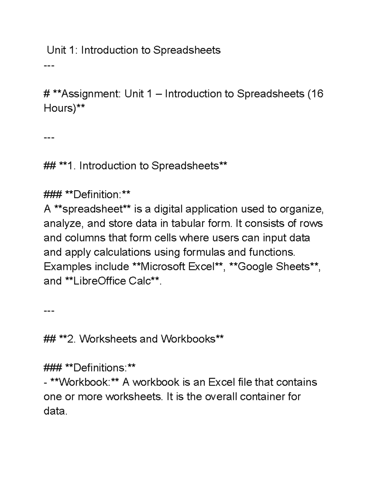 Unit 1: Intro to Spreadsheets - Key Concepts & Functions - Studocu