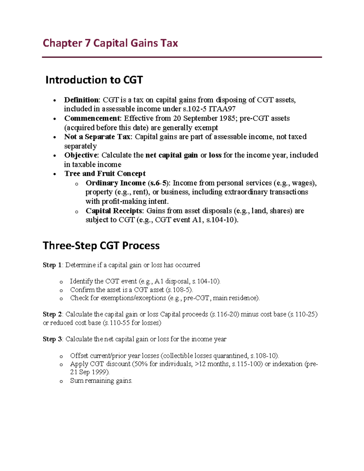 Taxation LAW EXAM Notes 2025 SEM 1: Capital Gains Tax Overview - Studocu