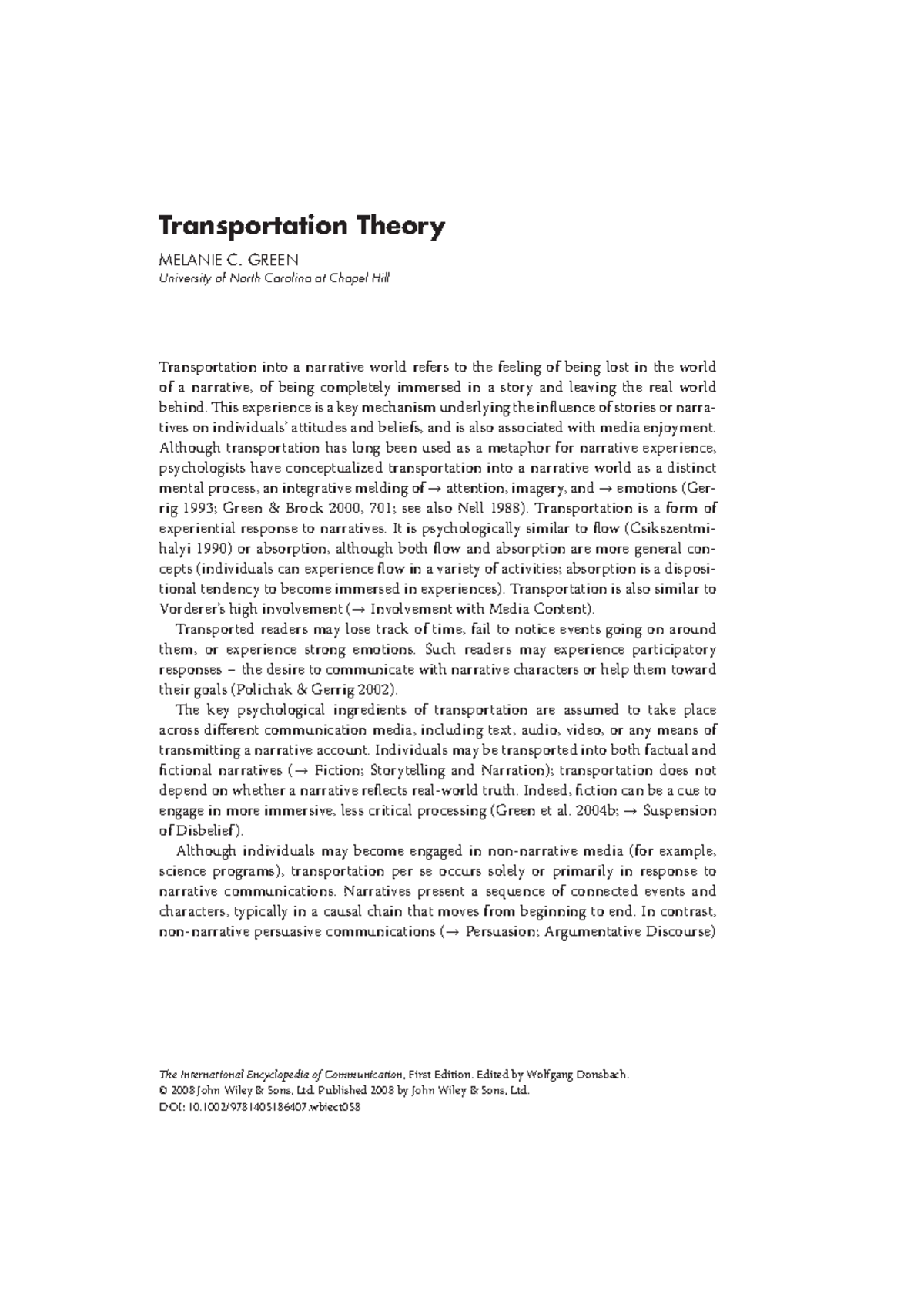 Transportation Theory in Narratives - Green 2008 - SGDRHRTJ - Studocu