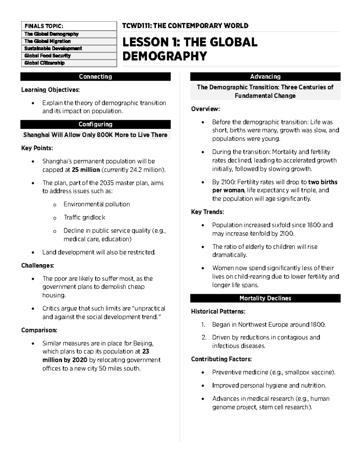 Finals TCWD Reviewer - TCWD111: THE CONTEMPORARY WORLD LESSON 1: THE ...