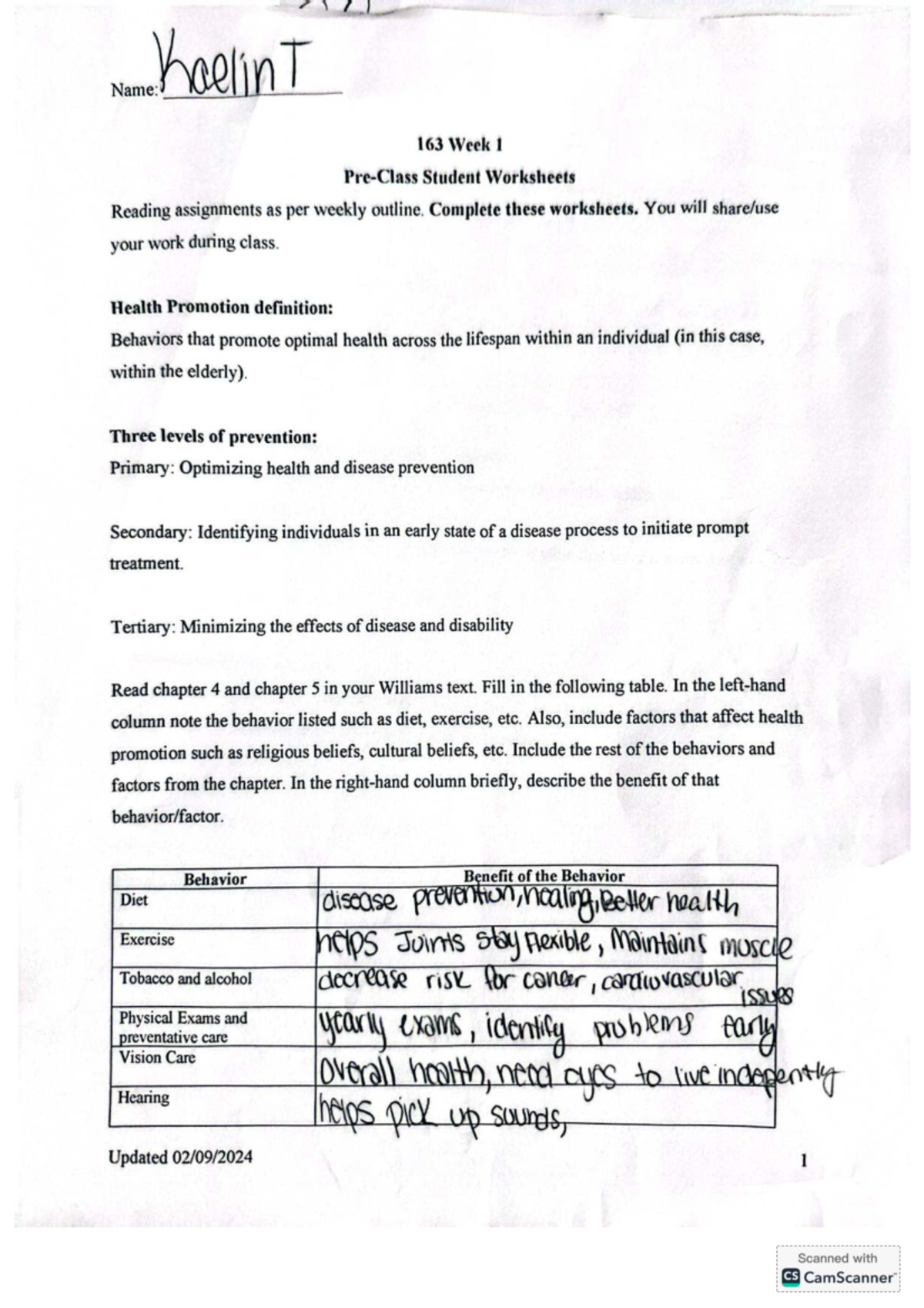 NURS 163 Week 1 & 2 Student Worksheets: Health Promotion & Patient Care ...