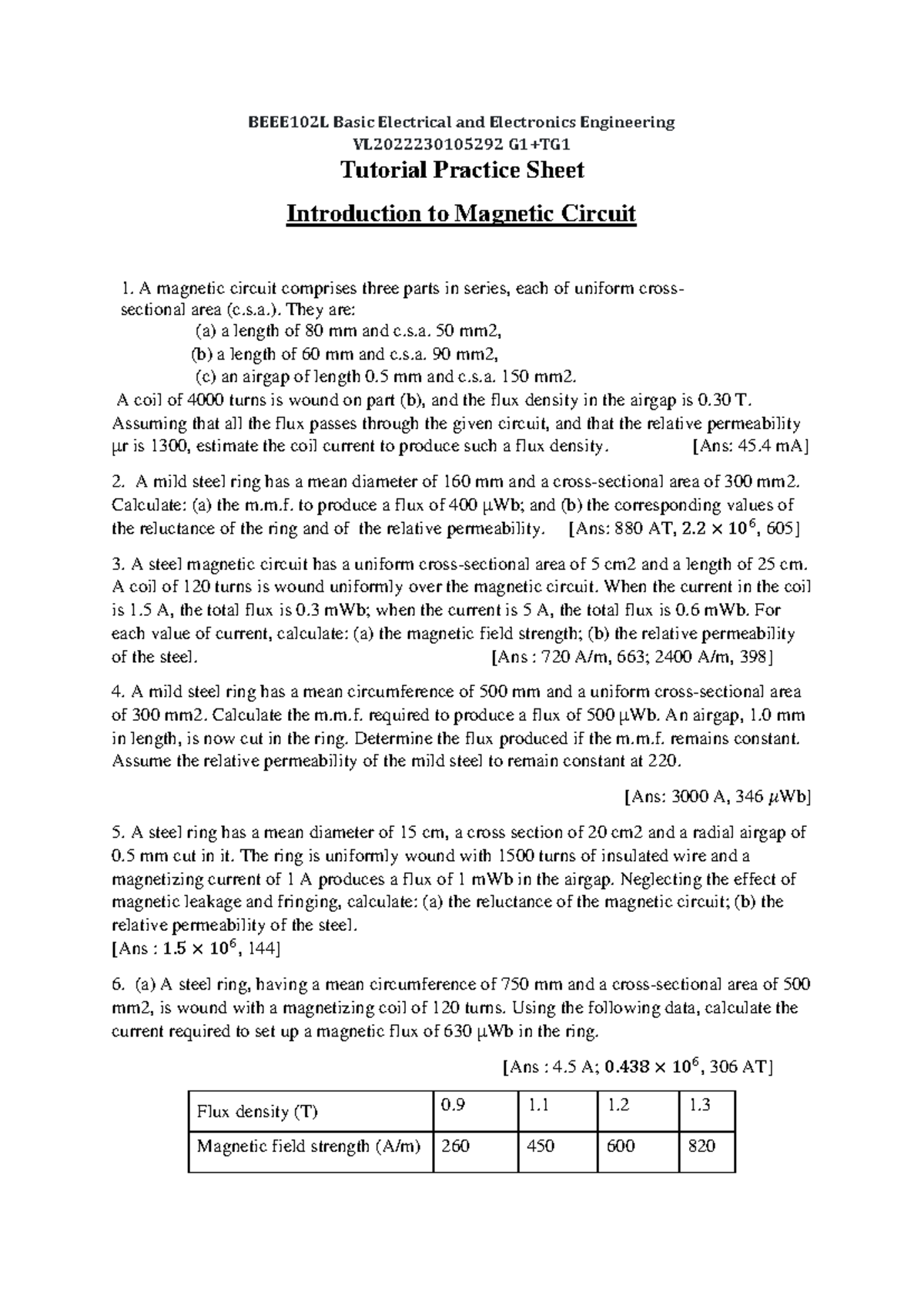 BEEE102L Magnetic Circuit Tutorial Practice Sheet - Studocu