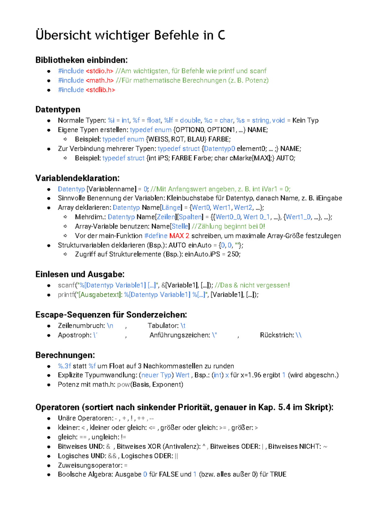 C-Programmierung Codes - Übersicht wichtiger Befehle in C Bibliotheken ...