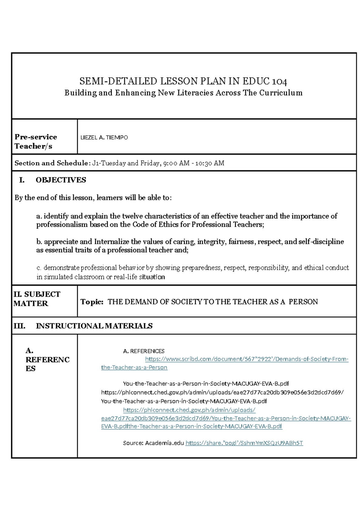 SEMI-Detailed Lesson Plan in EDUC 104: Effective Teacher Traits - Studocu