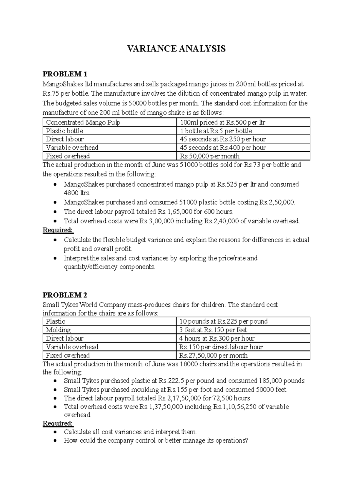 Variance Analysis Problems for CMA 4: Cost Control & Profitability ...