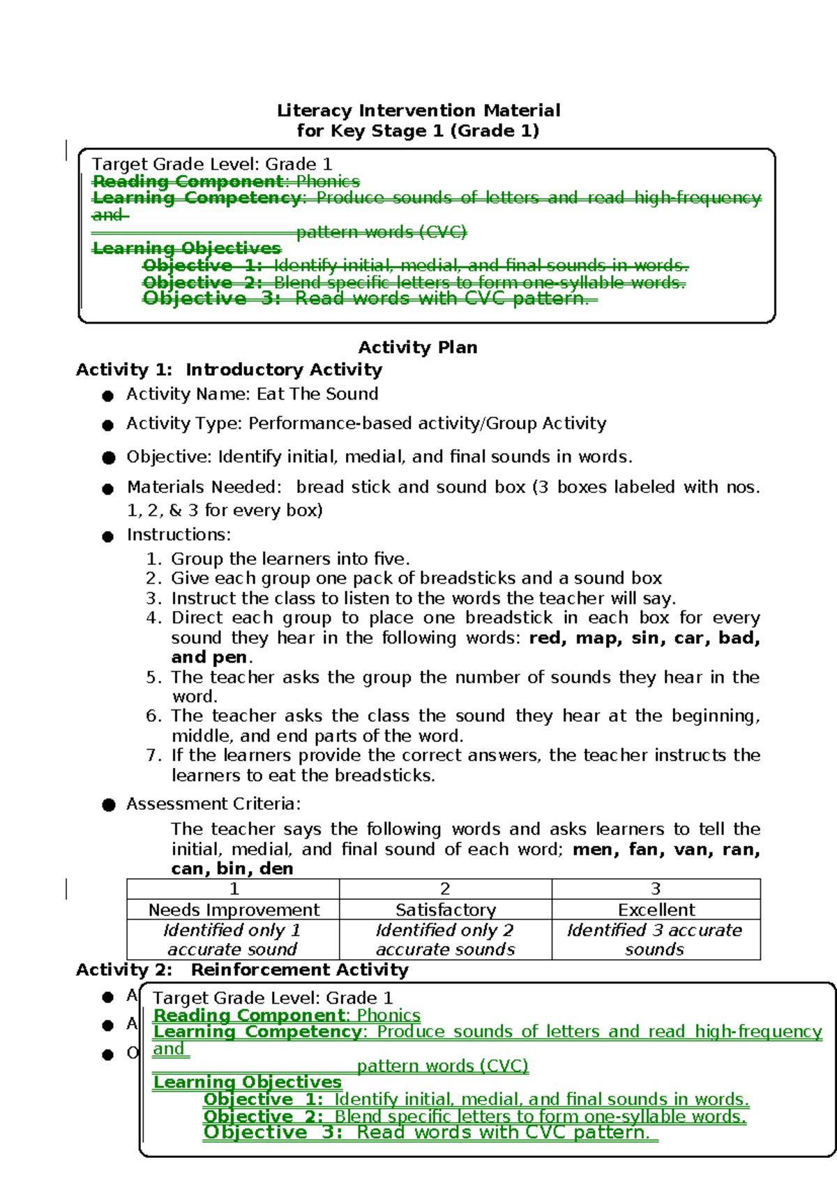 Grade 1 Phonics: CVC Sounds & Word Reading Activities - Studocu