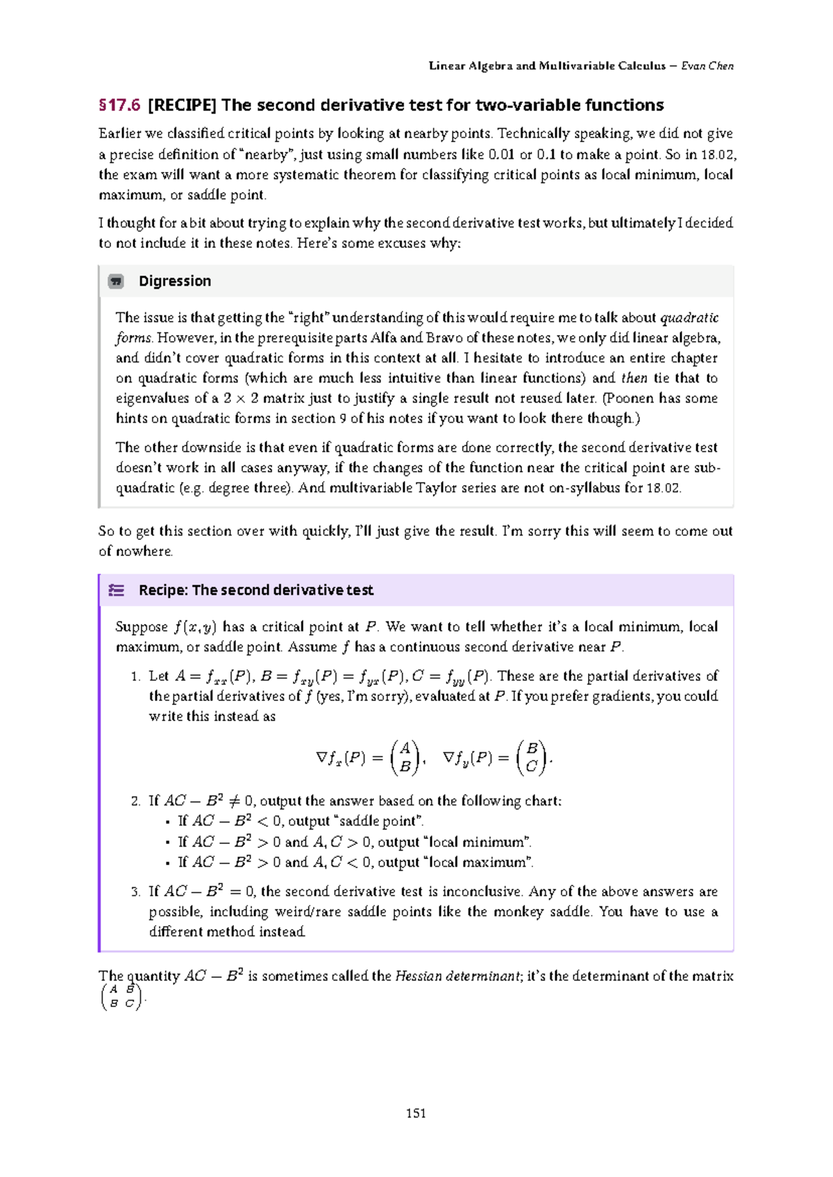 Linear Algebra & Multivariable Calculus 18.02: Second Derivative Test ...