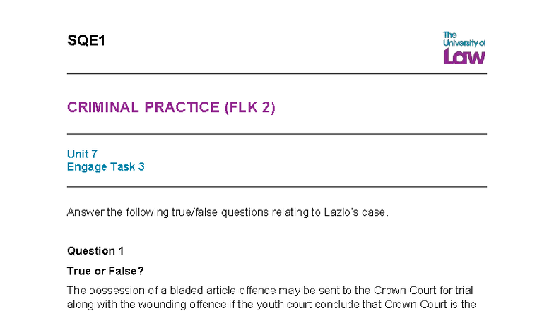 SQE1 CRIMINAL PRACTICE (FLK 2) Unit 7 Engage Task 3 Answers - Studocu