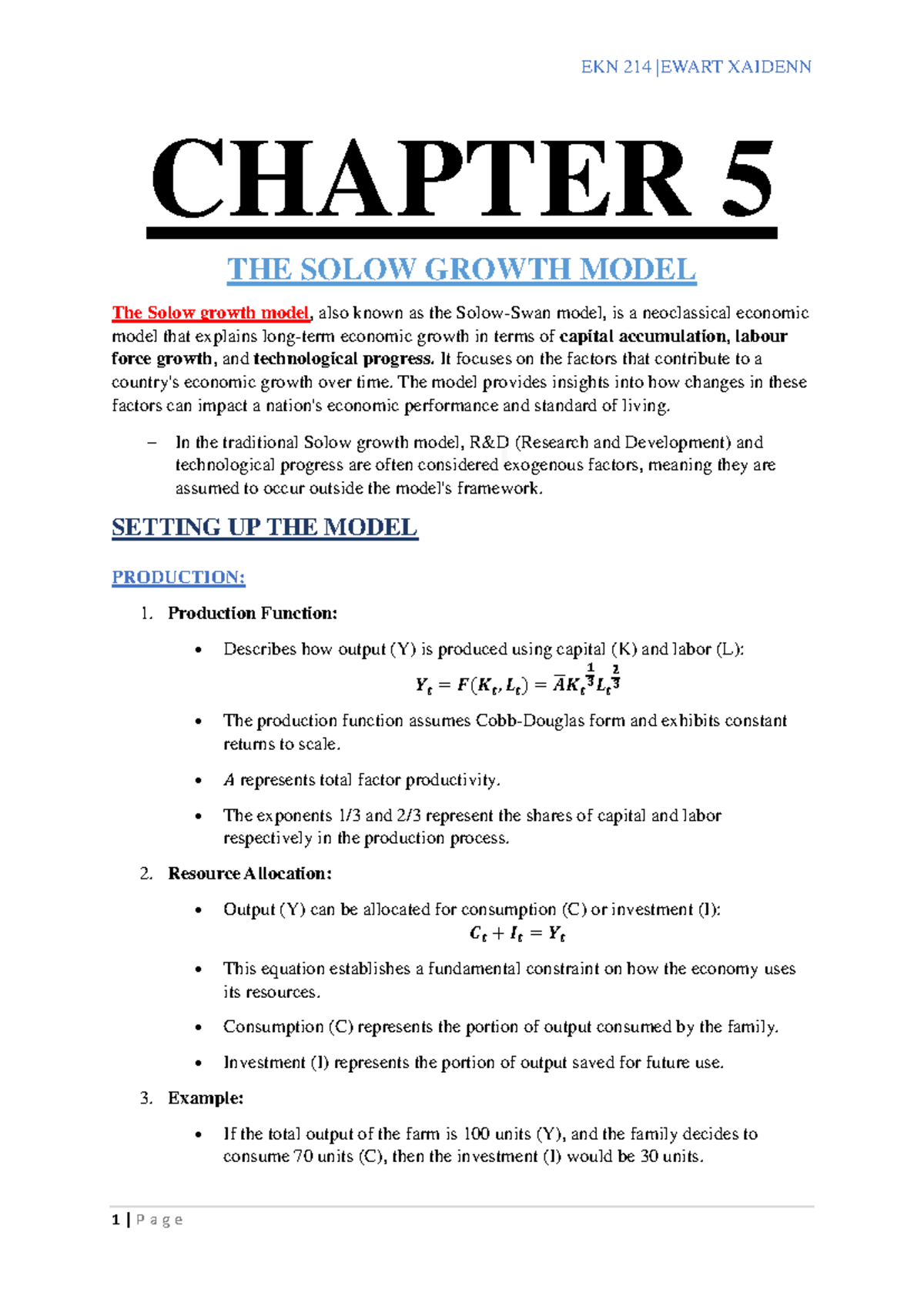 Chapter 5;THE Solow Growth Model EKN 214 - CHAPTER 5 THE SOLOW GROWTH ...