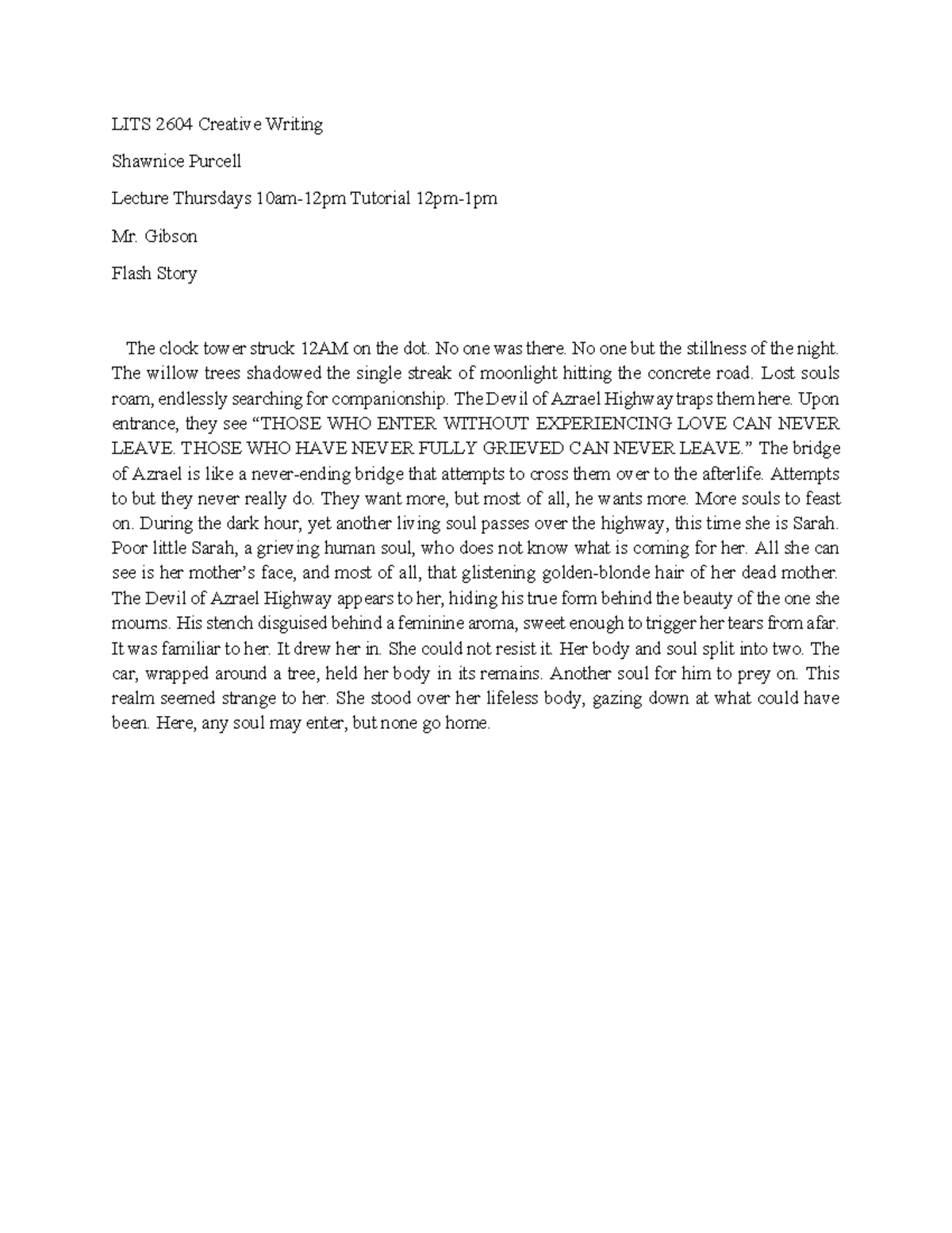 LITS 2604 Creative Writing: Flash Story of Azrael Highway - Studocu