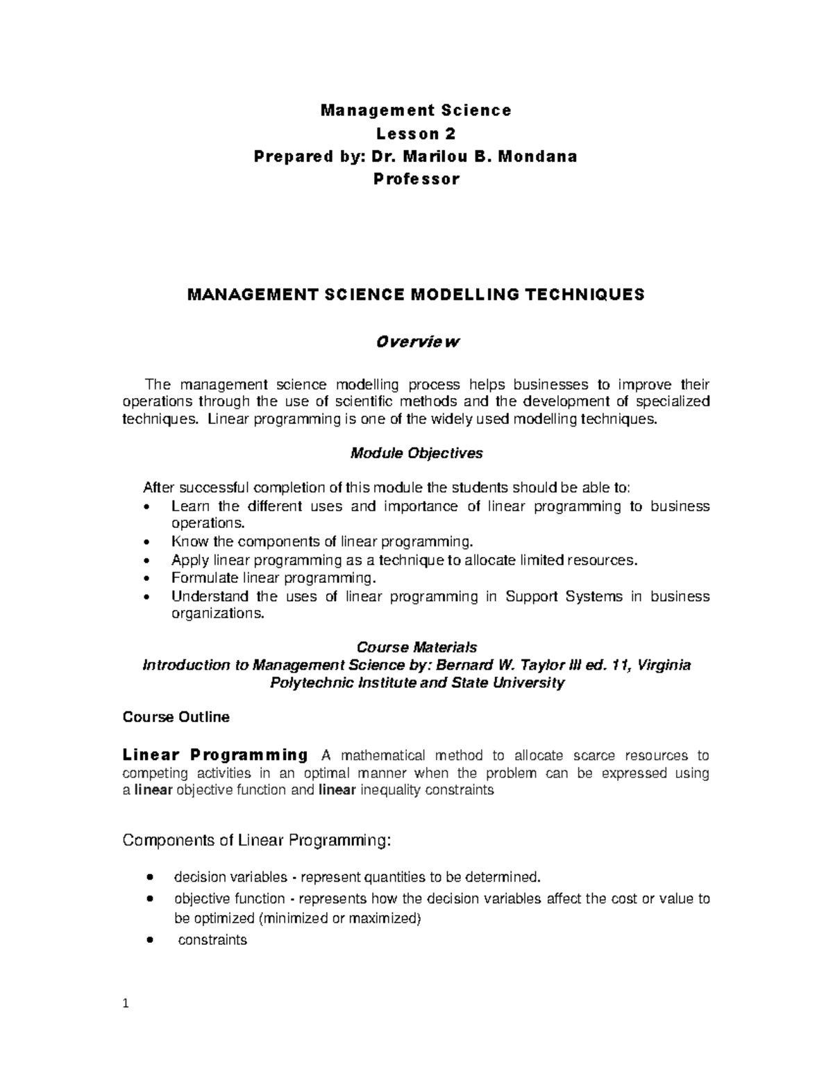 Mngmnt Science Lesson 2 - Management Science - PUP - Studocu