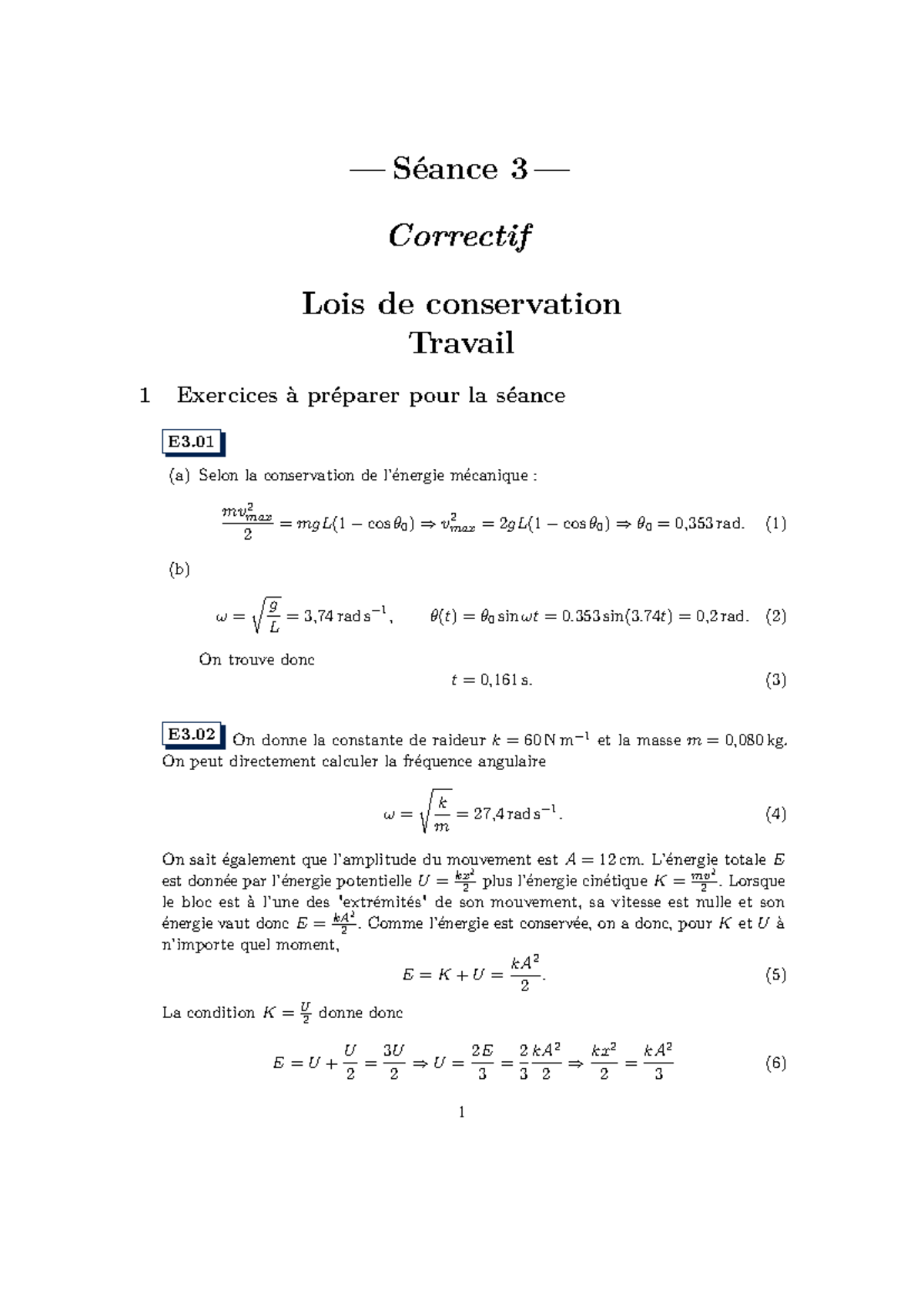 Séance 3 - Correctifs Lois de Conservation E3.01 à E3.06 - Studocu