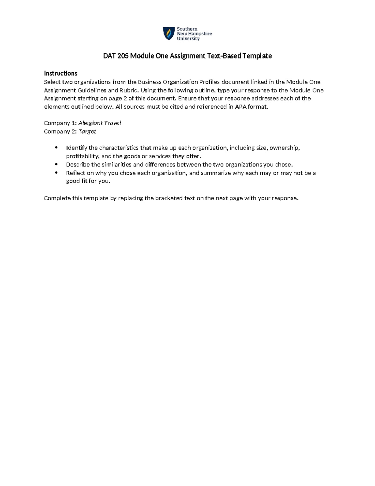 DAT 205 Module One Assignment: Org Analysis of Allegiant & Target - Studocu