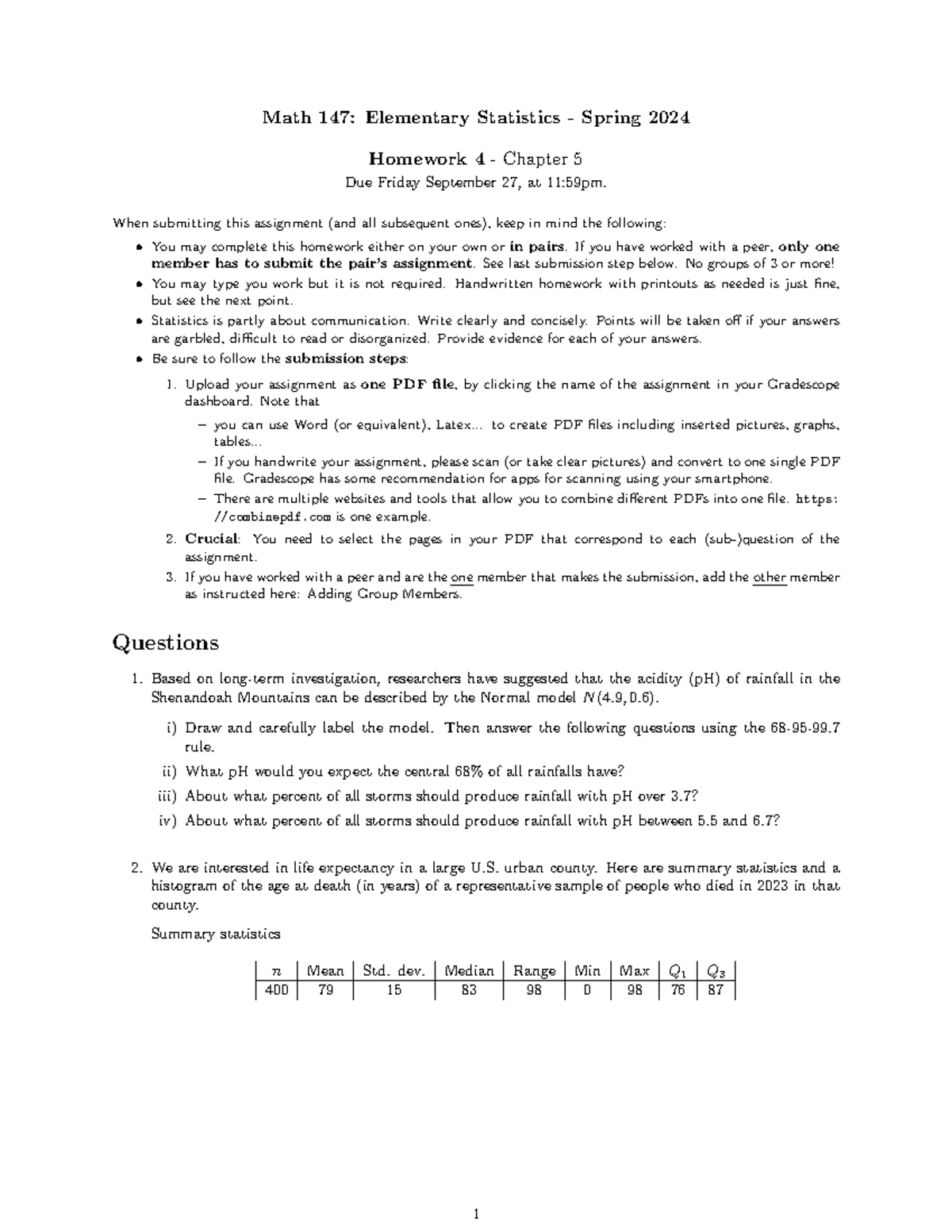 Math 147: Elementary Statistics Spring 2024 Homework 4 - Chapter 5 ...
