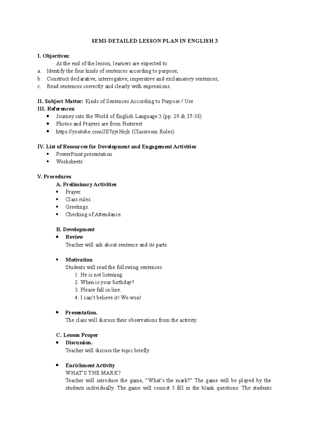 Lesson Plan: Understanding Sentence Types in English 3 - Studocu