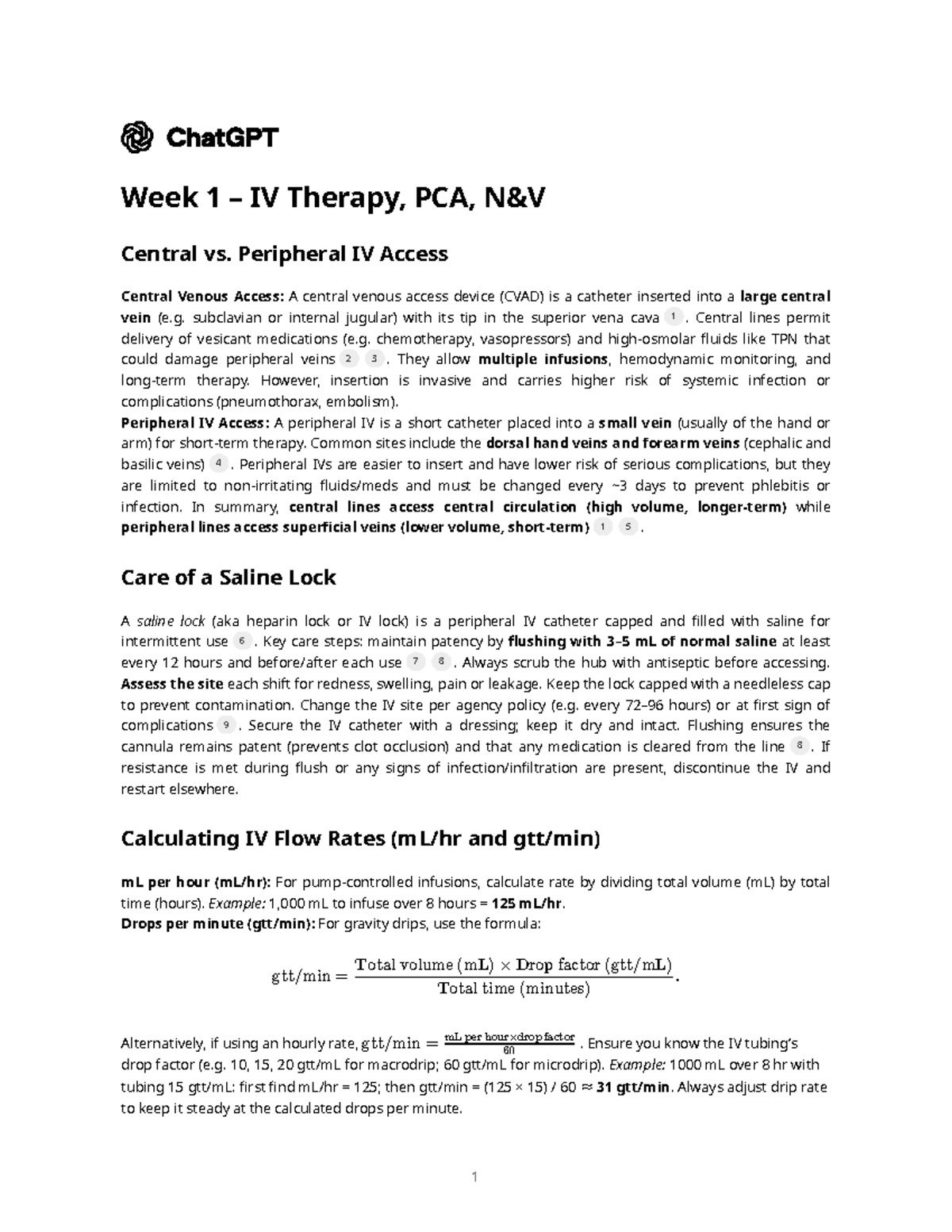 Week 1 – IV Therapy, PCA, Central vs. Peripheral Access Overview - Studocu