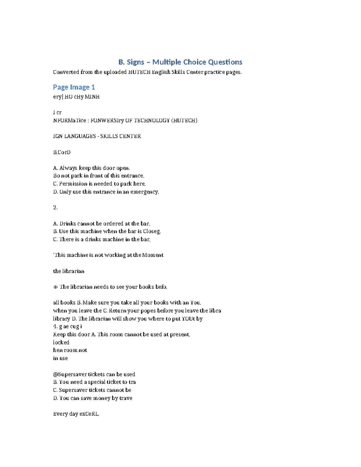 HUTECH English Skills Center: Signs MCQ Practice - Studocu
