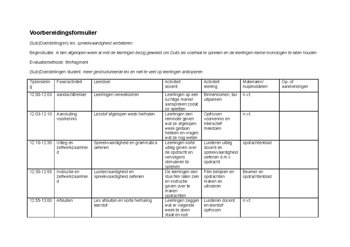 Lesvoorbereidingsformulier - Voorbereidingsformulier (Sub)Doelstelling ...