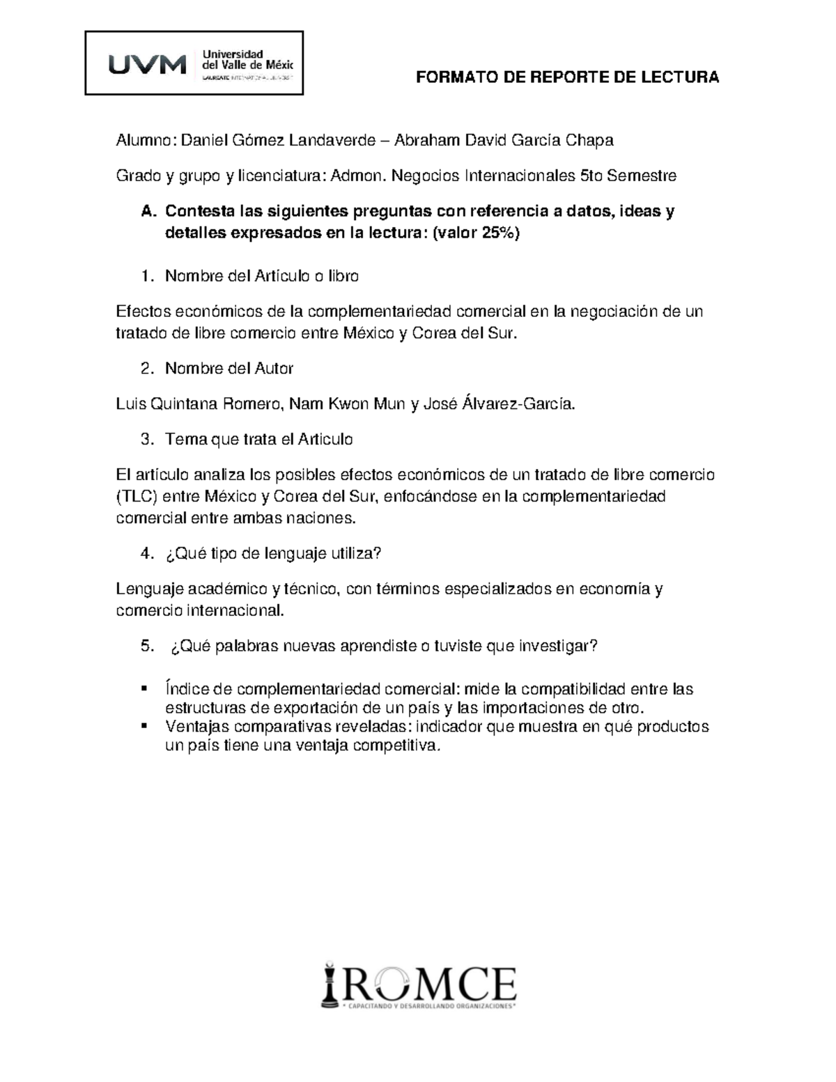 Reporte DE Lectura TLC Mexico Corea - Alumno: Daniel Gómez Landaverde ...