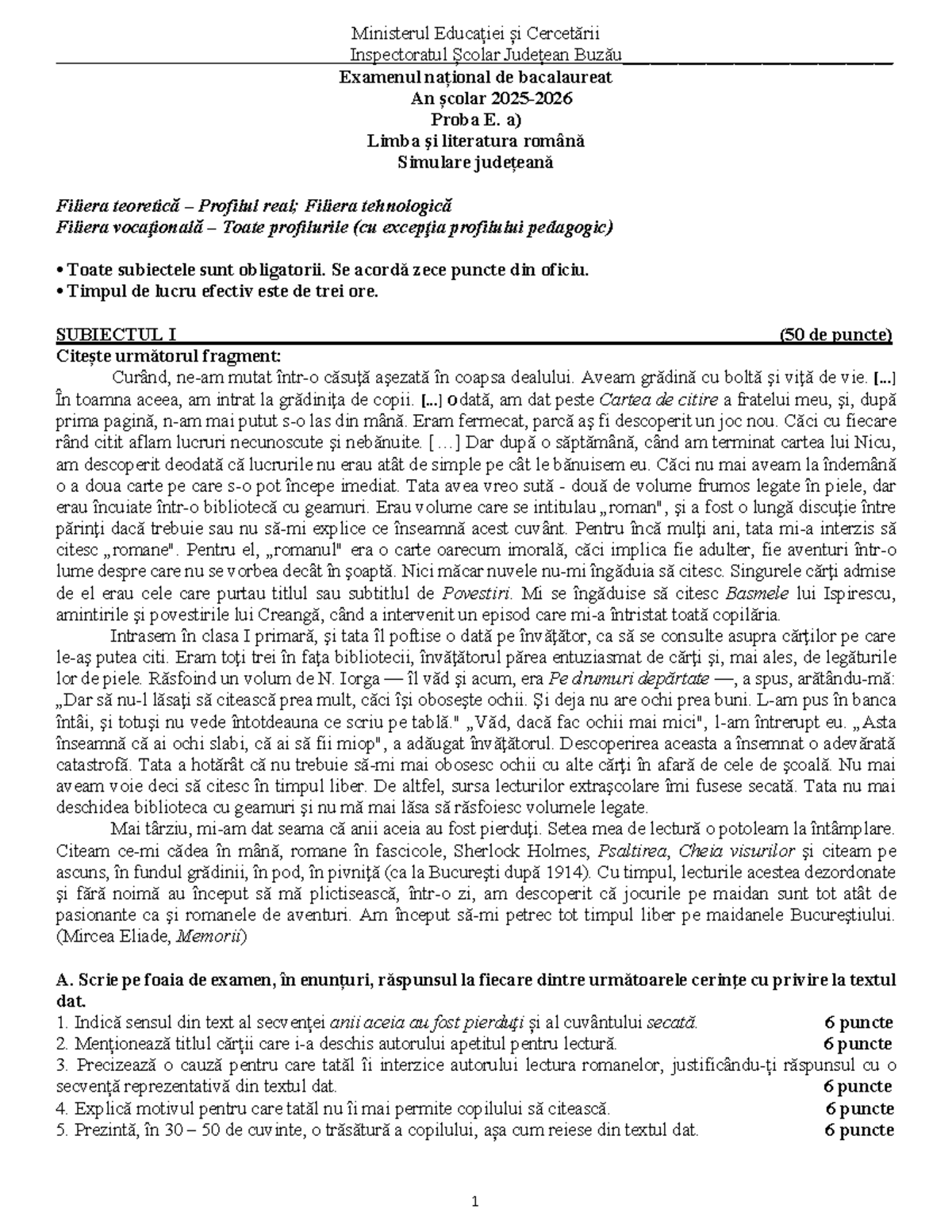Subiecte și Barem Simulare BAC 2026 Buzău - Limba Română REAL-1-2 - Studocu
