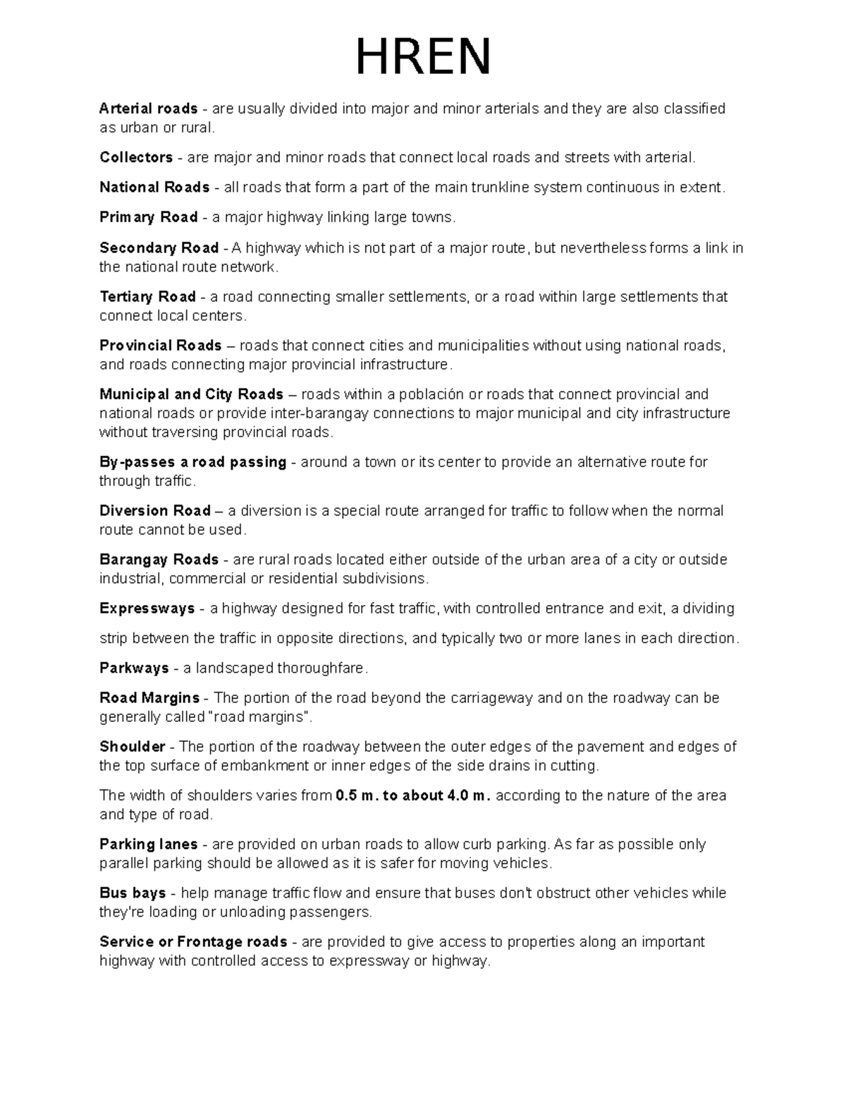 HREN-reviewer-prelim - Arterial roads - are usually divided into major ...
