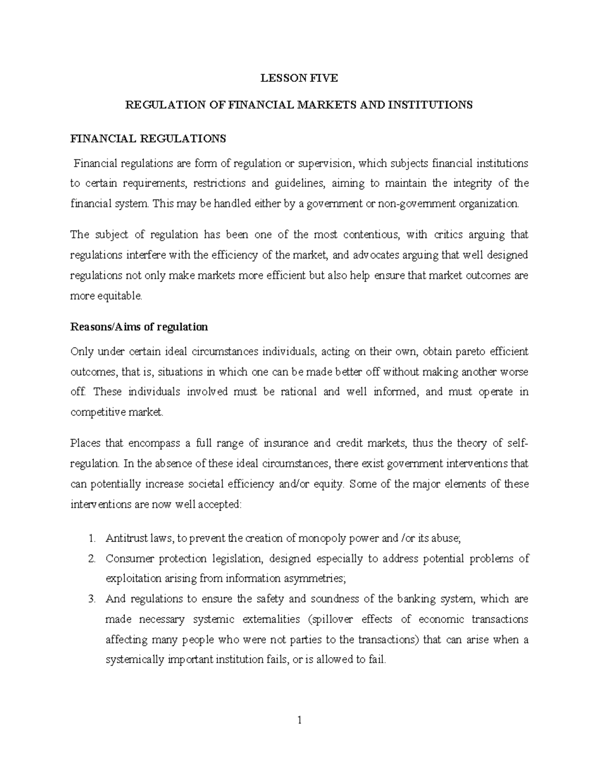 Regulation of Financial Markets & Institutions (Lesson 5) - Studocu