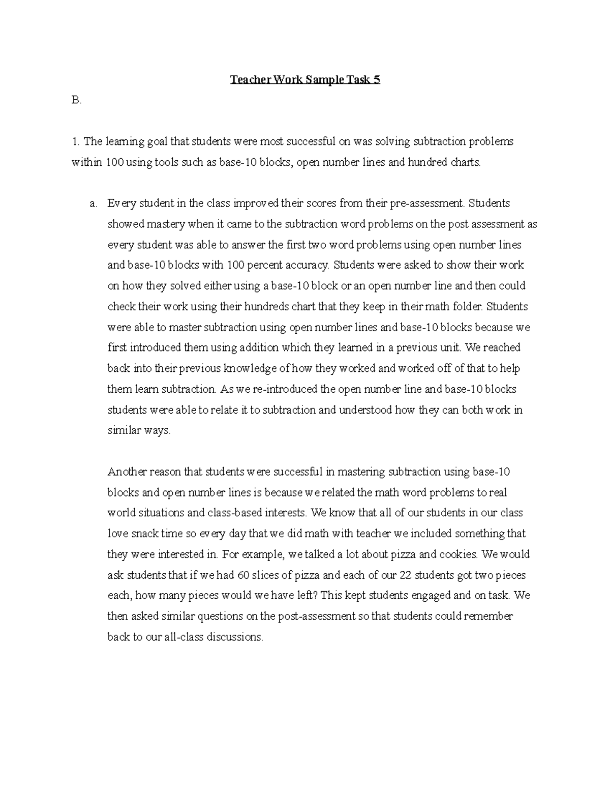 Teacher Work Sample Task 5: Successes & Challenges in Math Learning - Studocu
