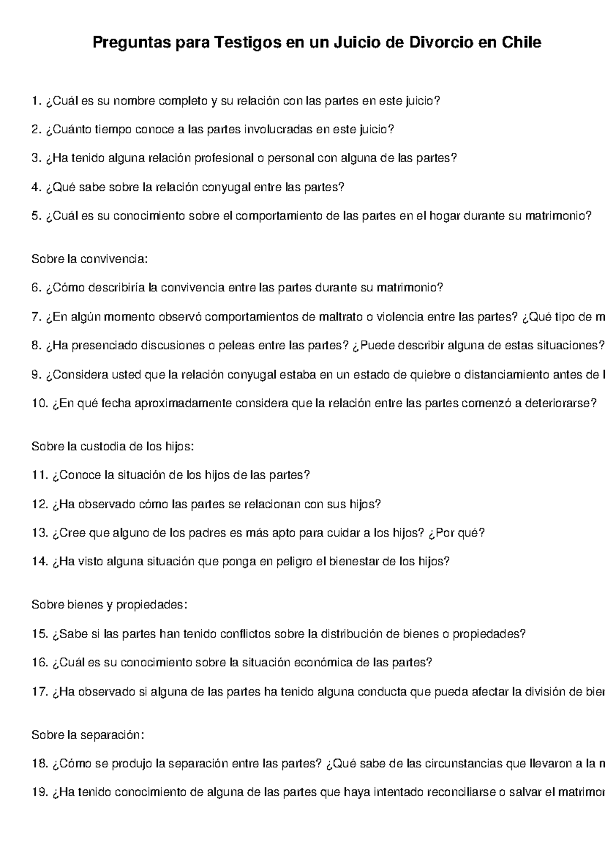 Preguntas para Testigos en Juicio de Divorcio en Chile - Studocu