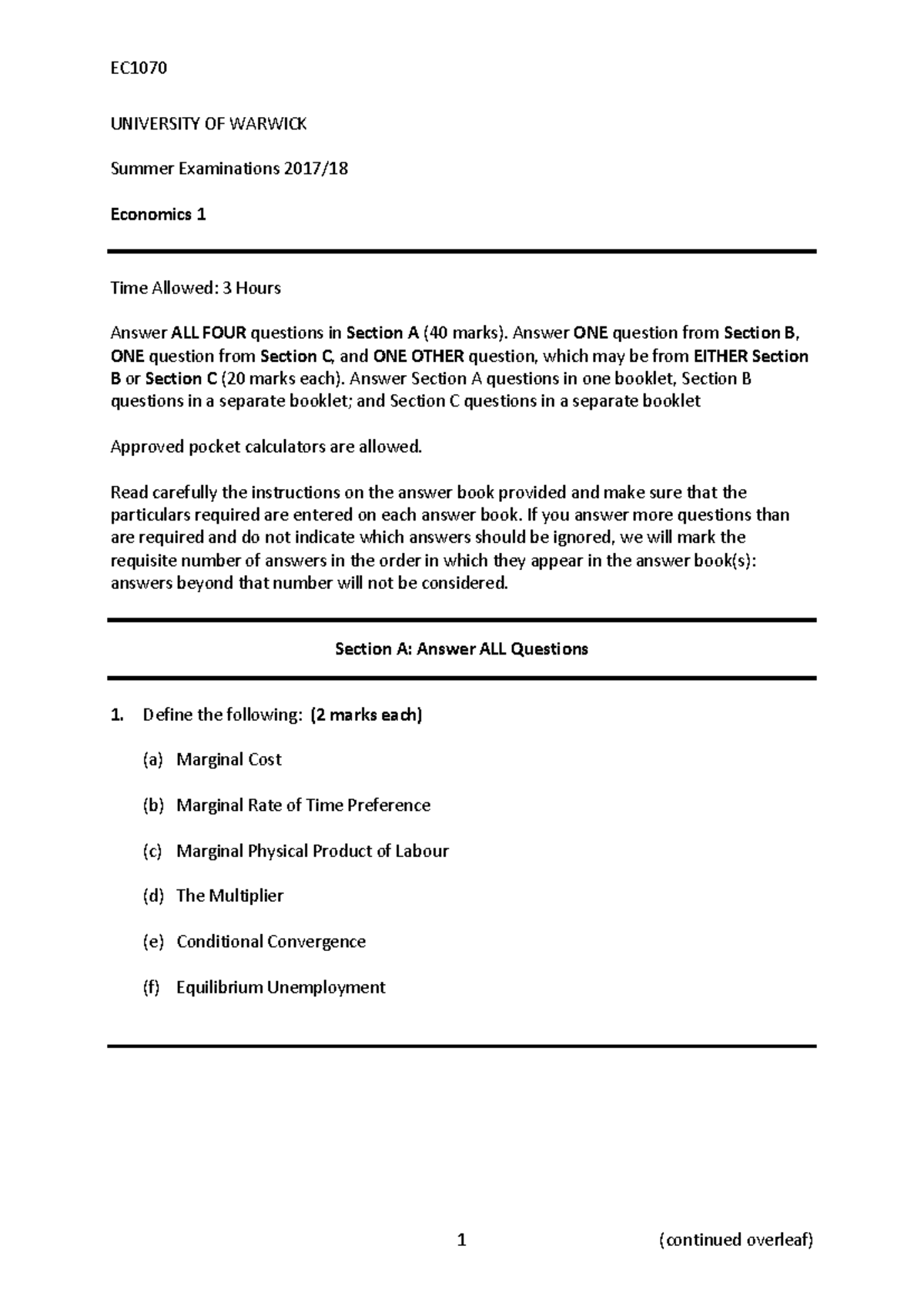 Ec1070 - Summer 2017 Economics Exam Past Papers - University of Warwick ...