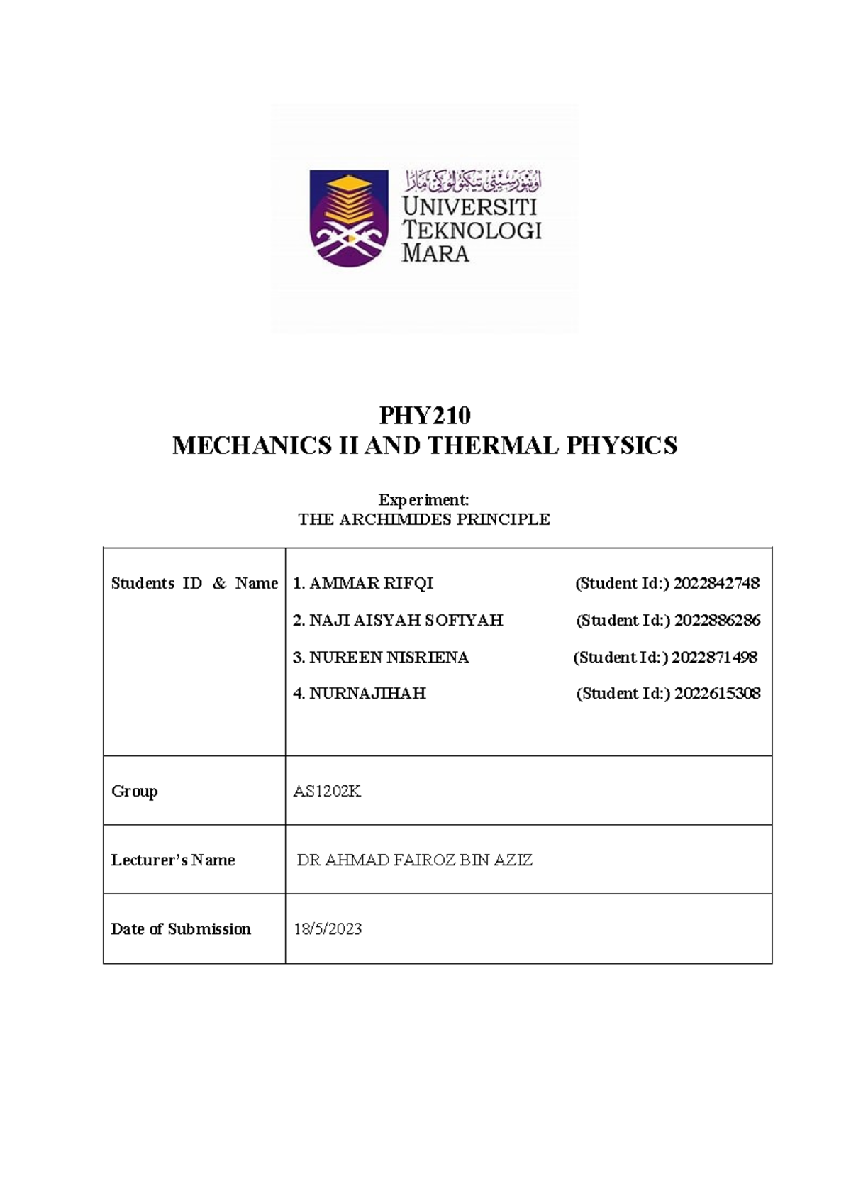 PHY210 - Lab Report on Archimedes' Principle and Density Calculation - Studocu