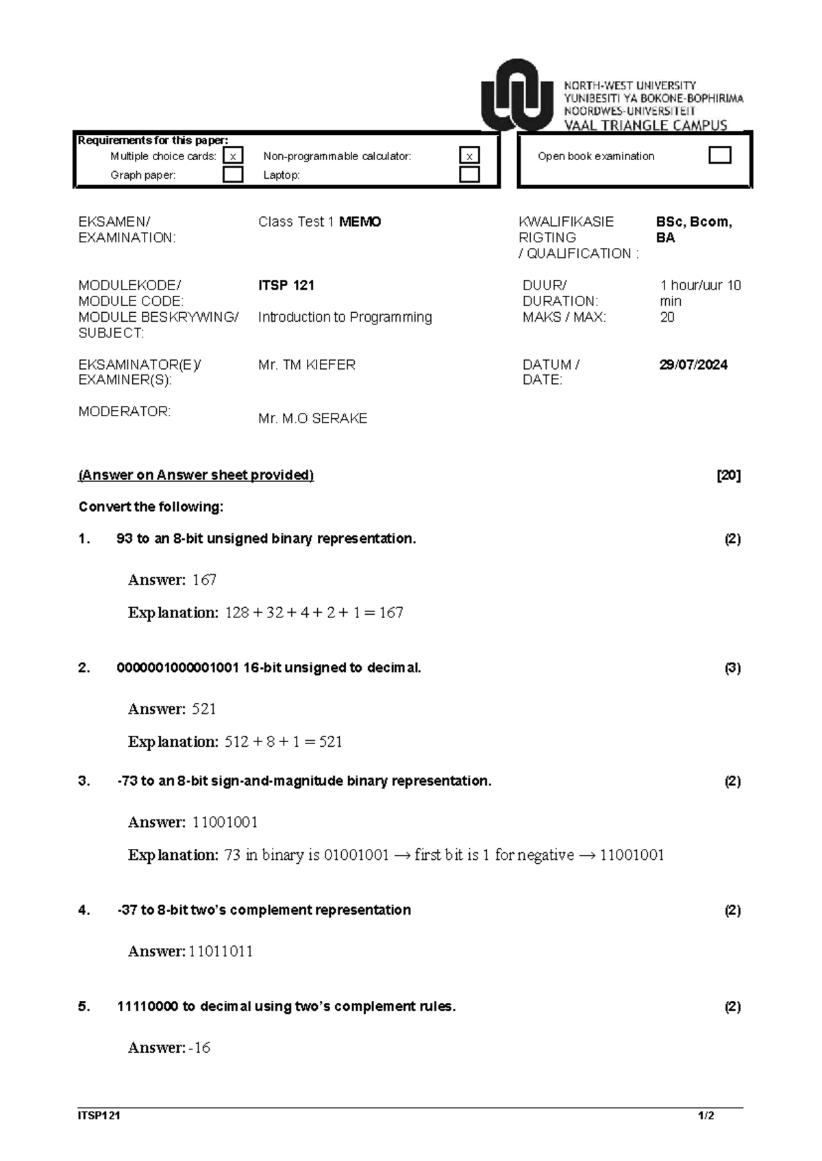Class Test 1 Memo Feedback for ITSP 121 - 2025 - Studocu