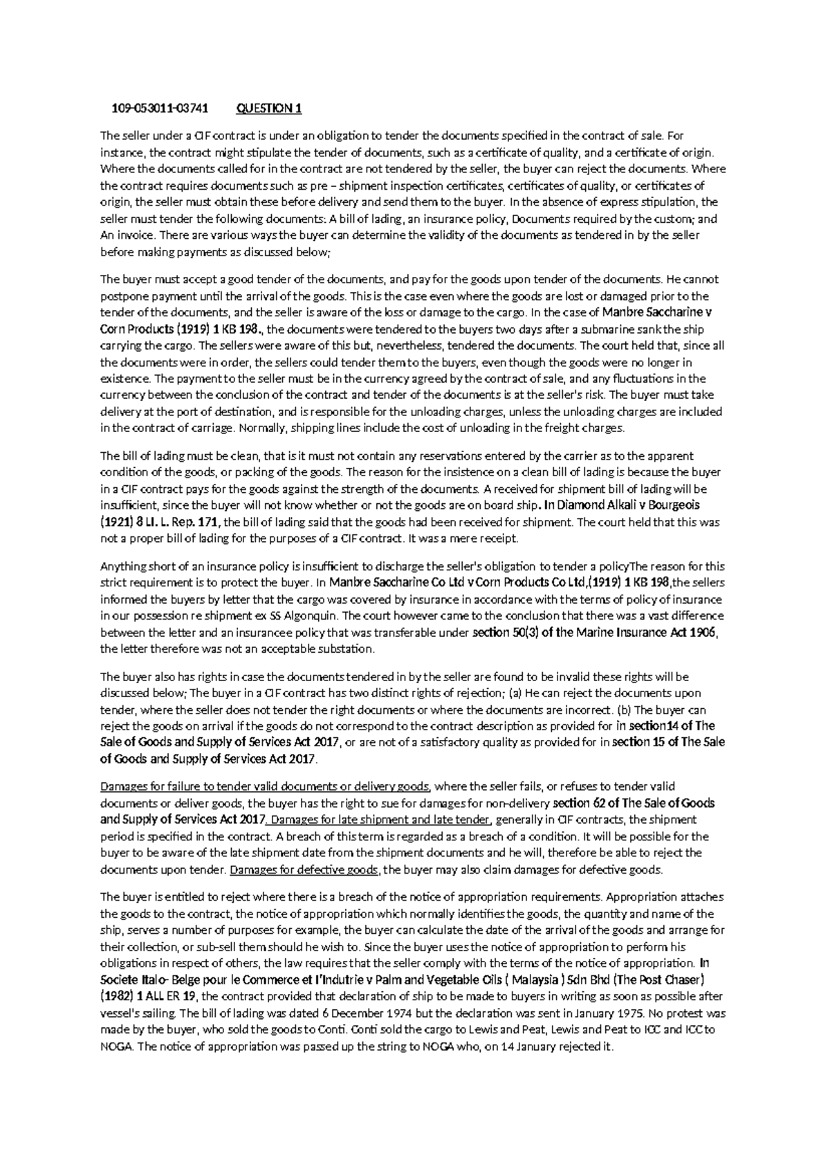 CIF Contract Obligations: Document Tendering and Buyer Rights - Studocu