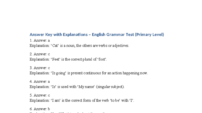 English Primary Grammar Test Answers & Explanations - Studocu