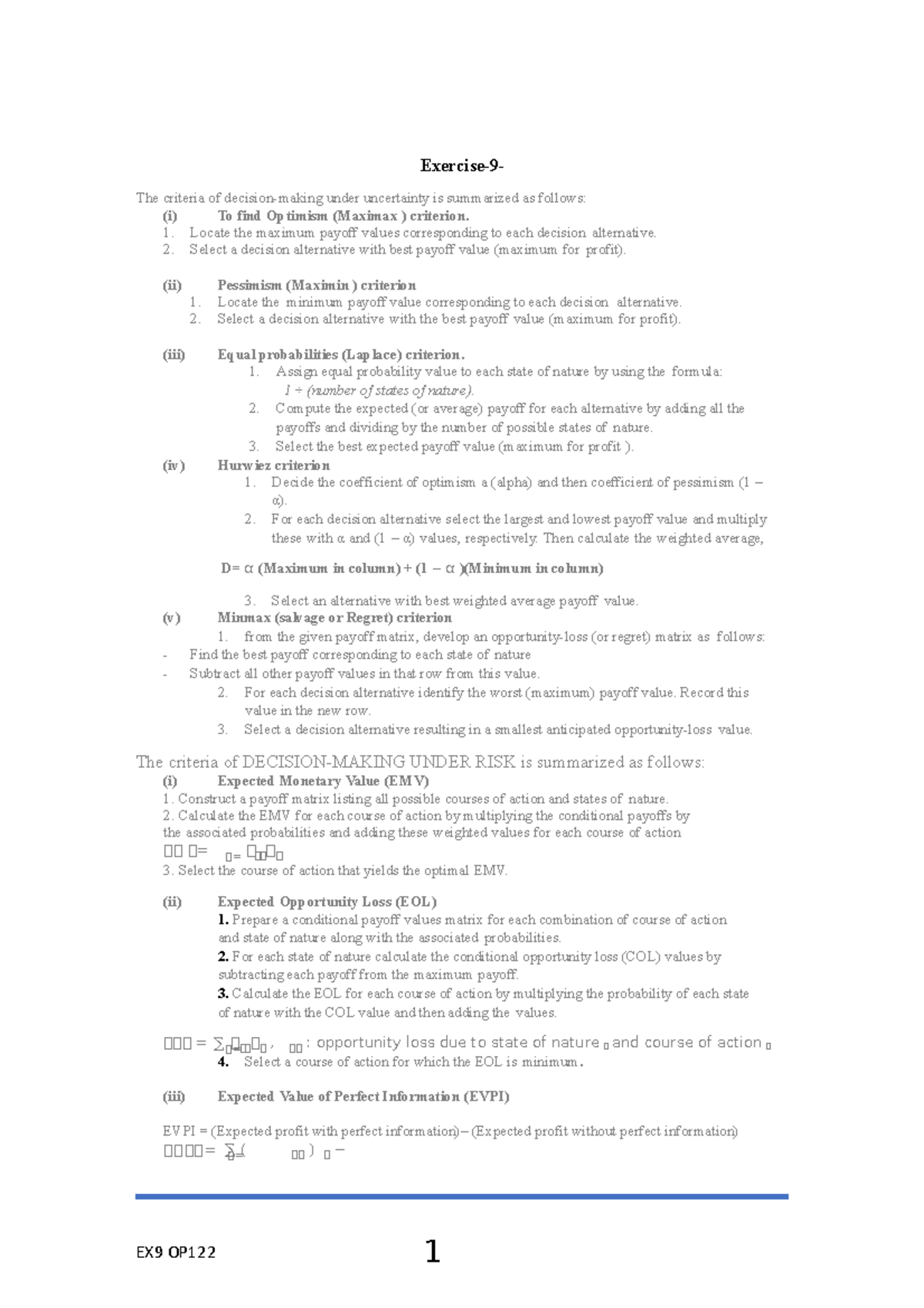 Exercises 9: Decision-Making Under Uncertainty (OP122) - Studocu