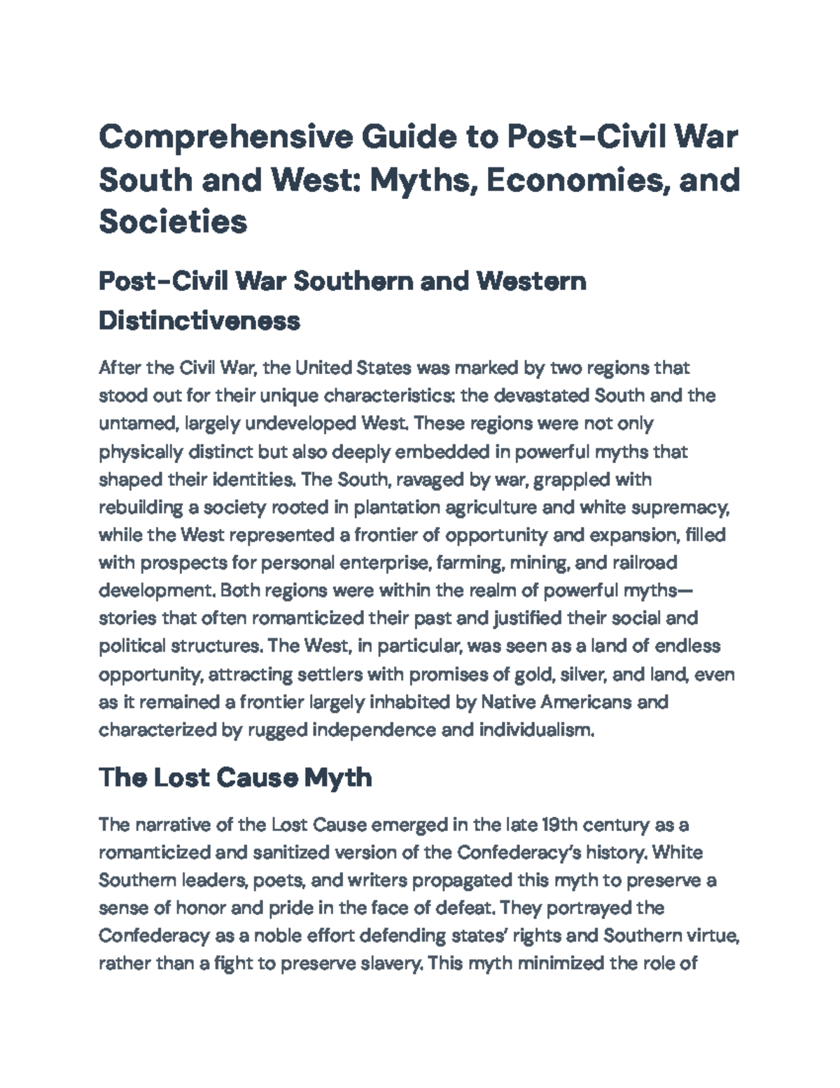 Comprehensive Overview of Post-Civil War South & West Economies: Myths ...