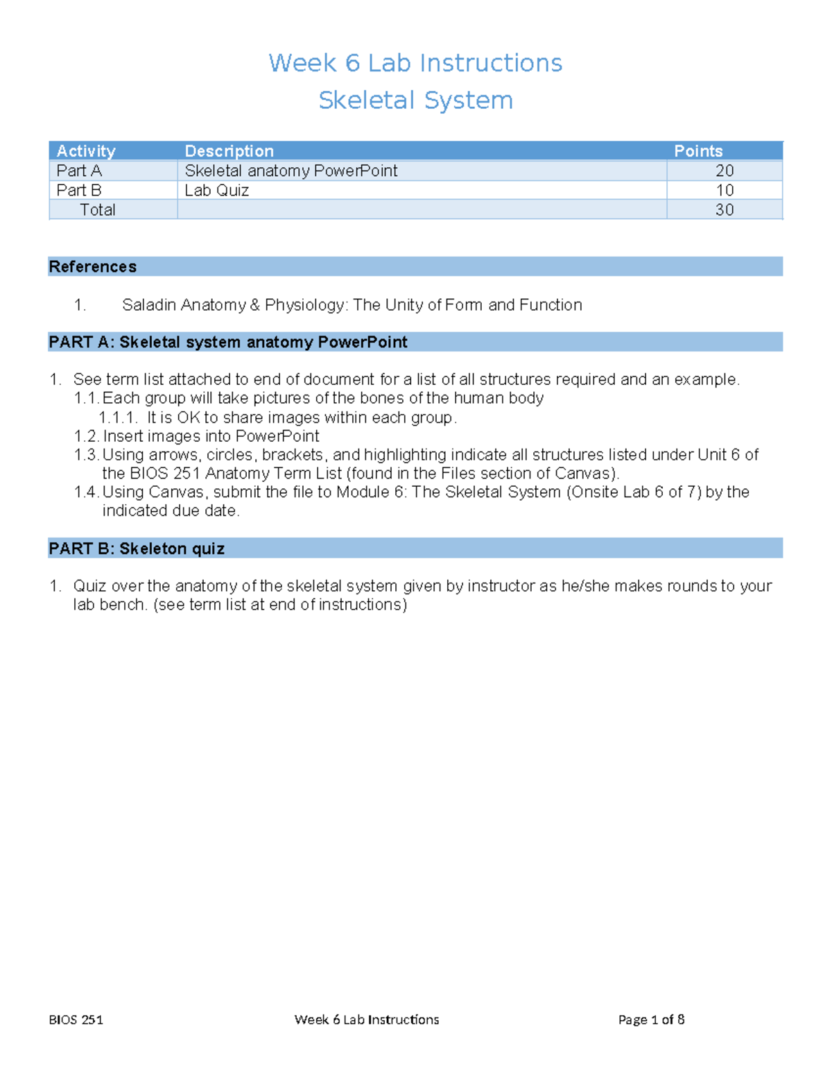 BIOS251 Week 6 Lab: Skeletal System Anatomy Instructions and Quiz - Studocu