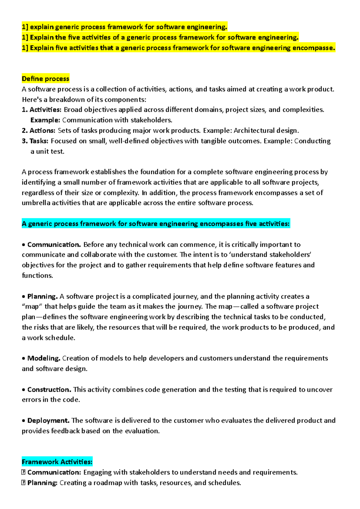 Final Exam SEPM: Key Concepts in Software Engineering Process Framework ...